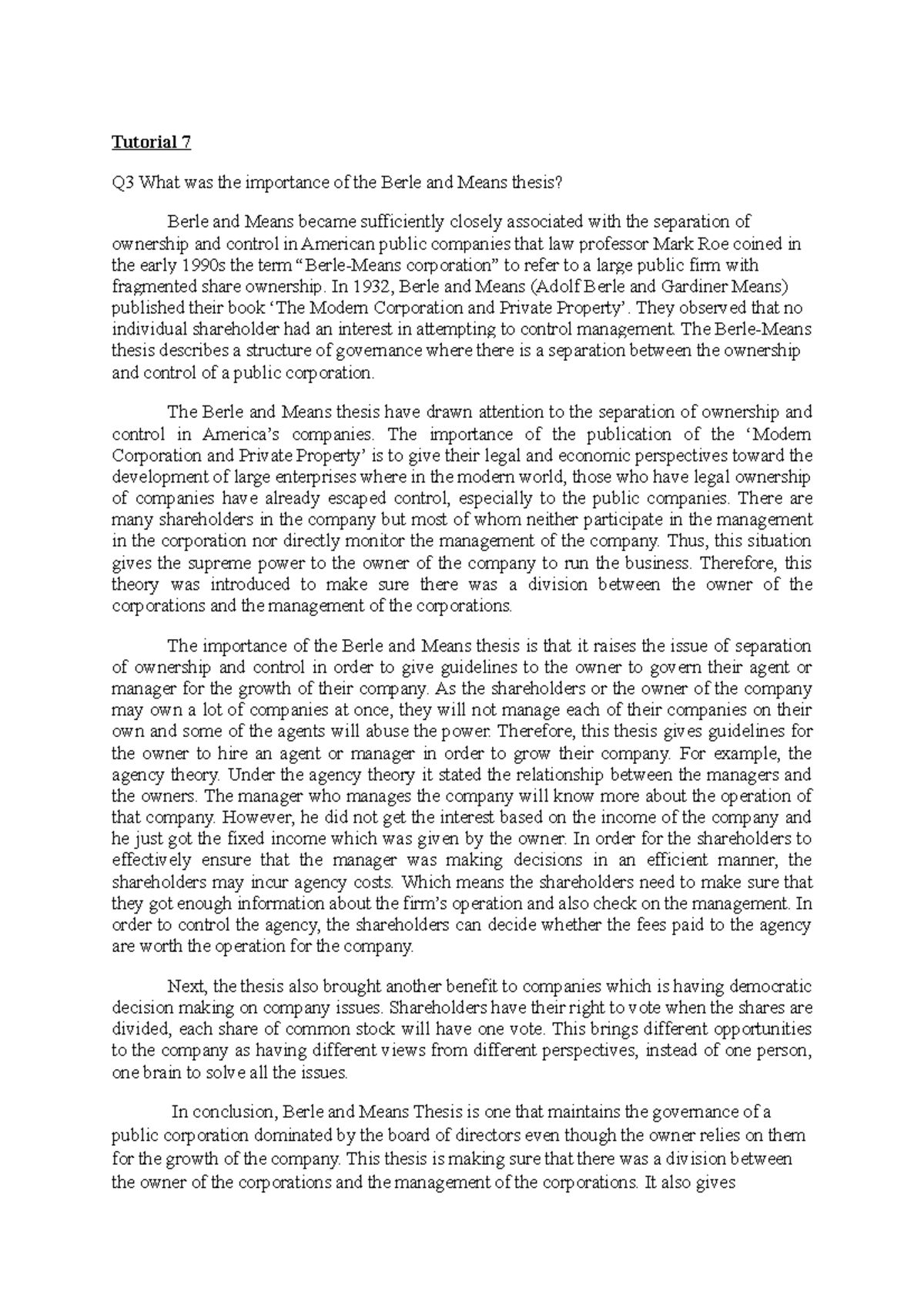 Company tutorial 7 - Berle and Means thesis - Company Law - MMU - Studocu