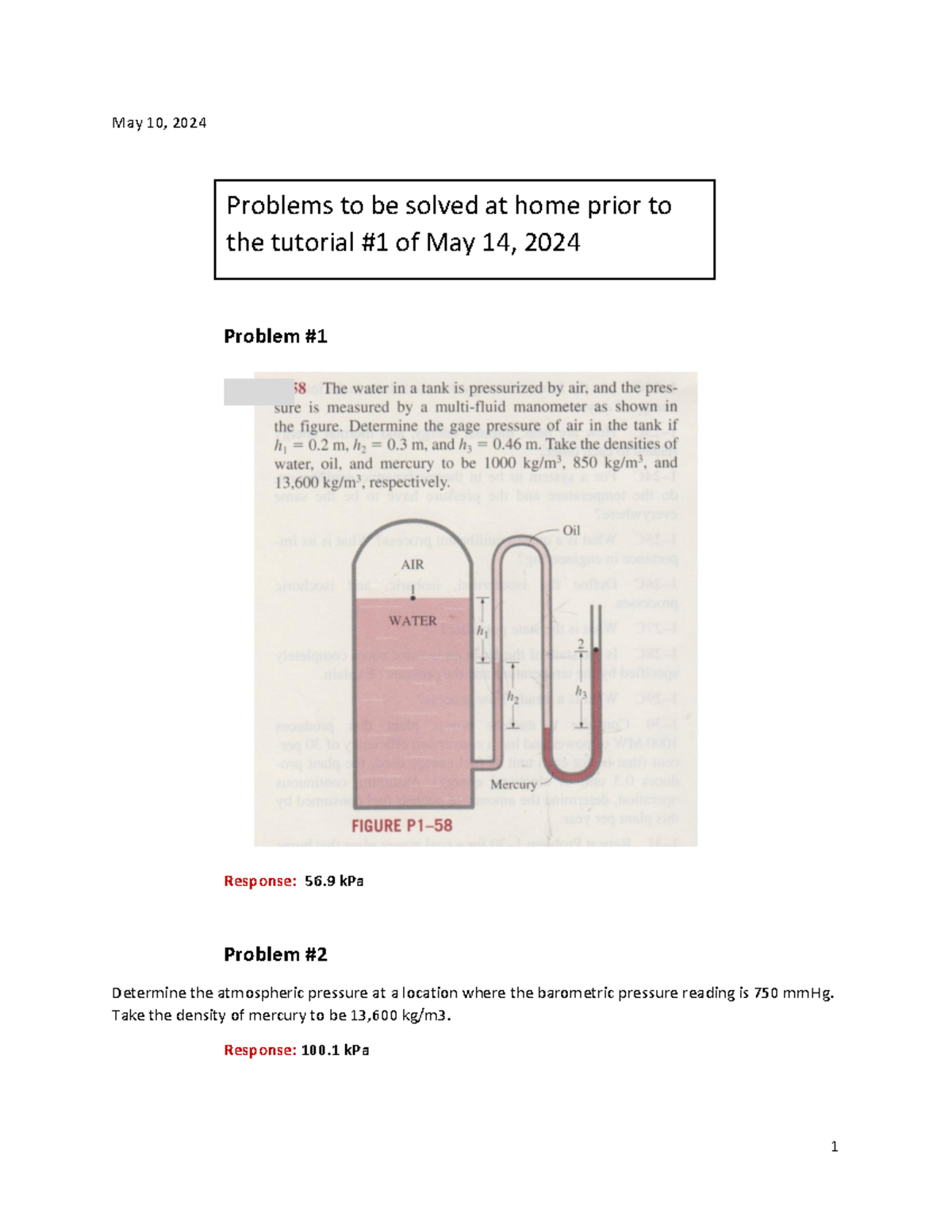 ENGR 251 - Problems from chapter 1 - May 10-2024 - ENGR 251 - 1 May 10, 2024 Problem Response ...