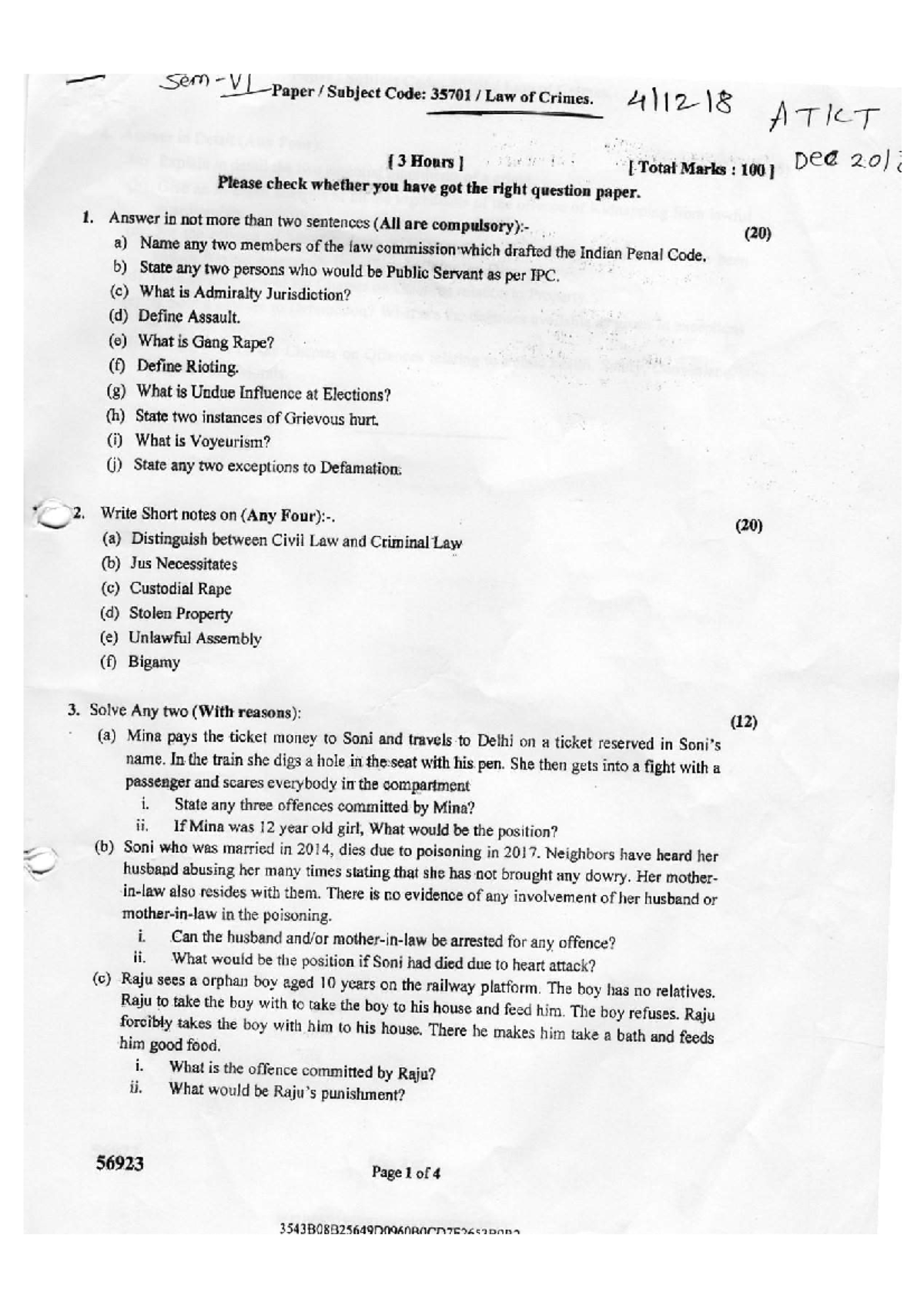 Law of Crimes (18-19) - Law of crime question paper - Bachelors of Law ...