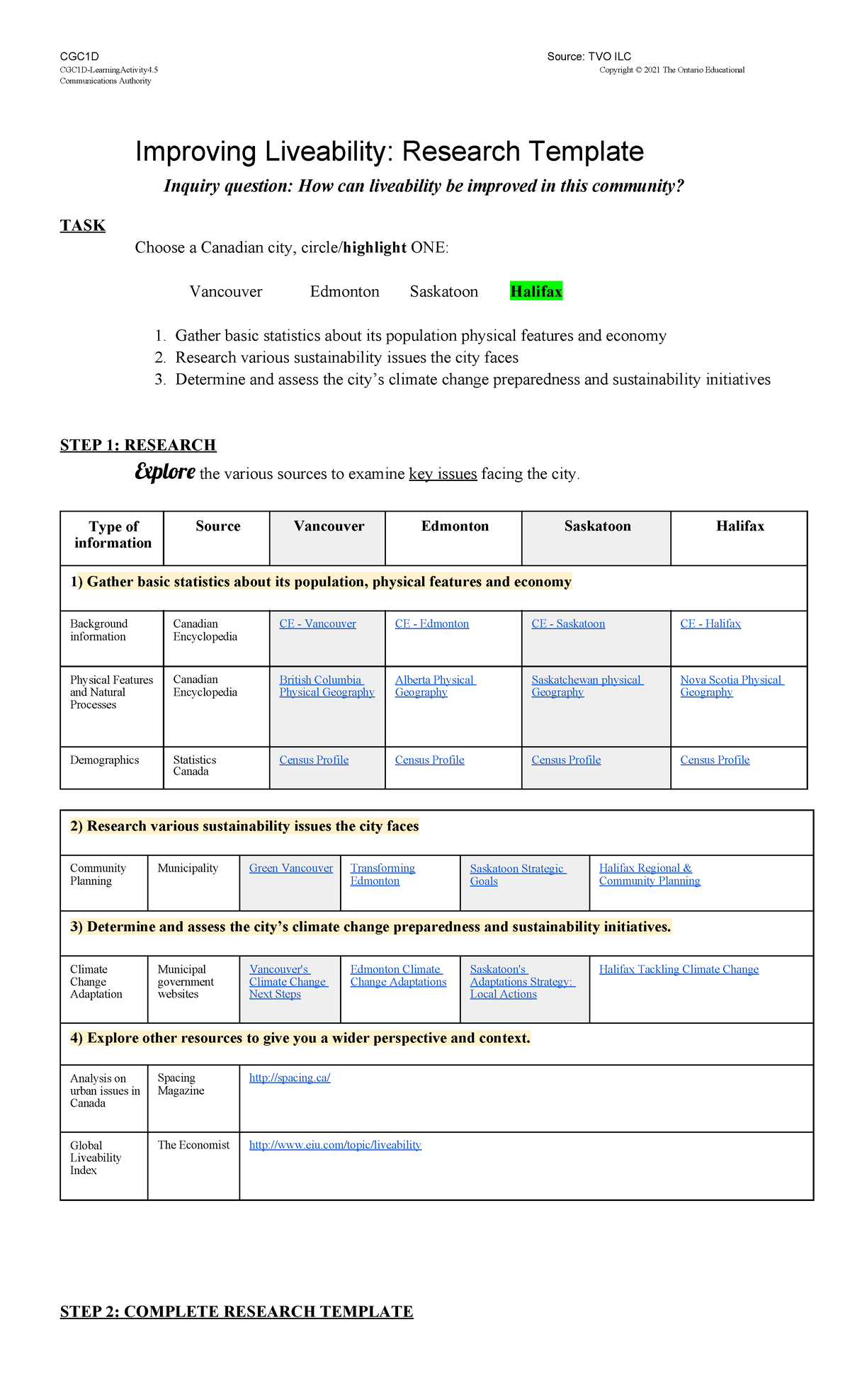 Copy of Improving Liveability Steps 1-3 - CGC1D Source: TVO ILC CGC1D ...