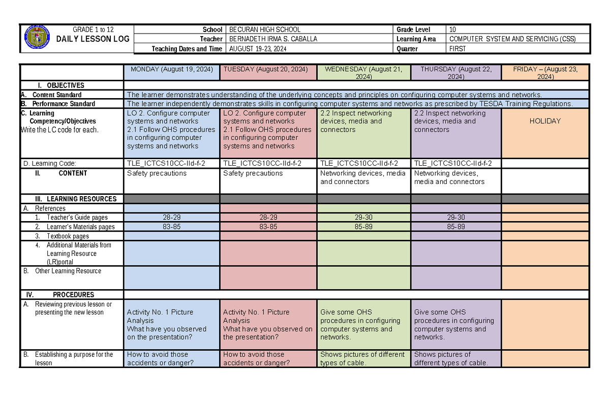 DLL ICT 10 1ST Quarter WEEK 4 - GRADE 1 to 12 DAILY LESSON LOG School BECURAN HIGH SCHOOL Grade ...