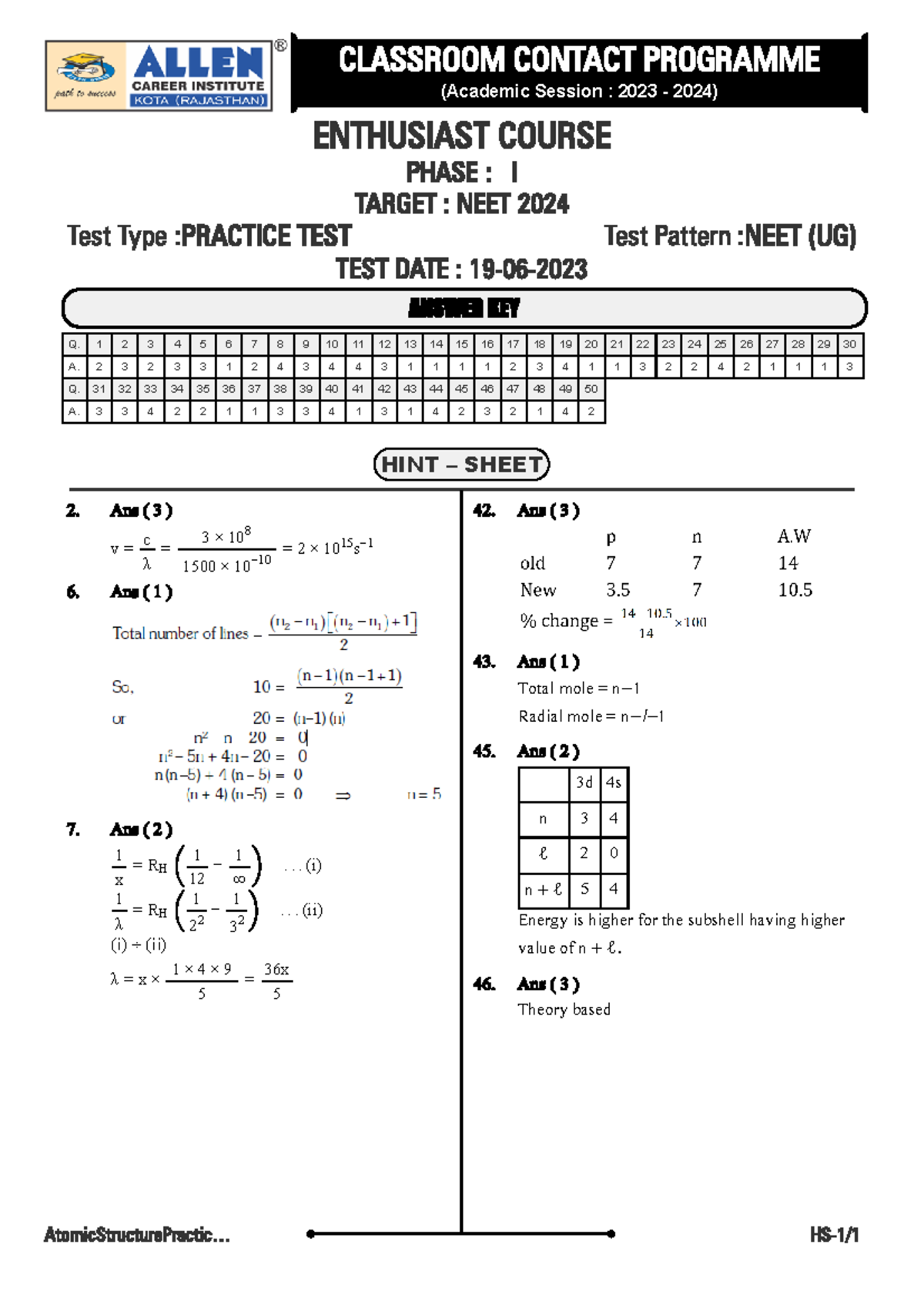 Atomic Structure Practice 190623-Allen HS - Test Type :PRACTICE TEST ...