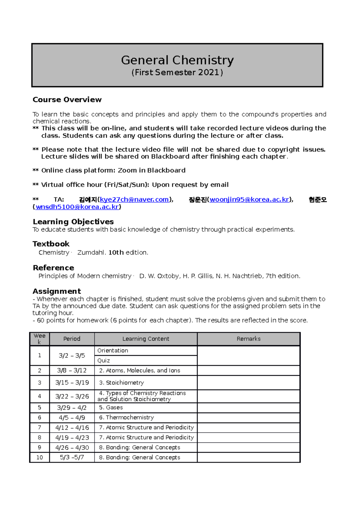 Syllabus 08 - General Chemistry (First Semester 2021) Course Overview ...