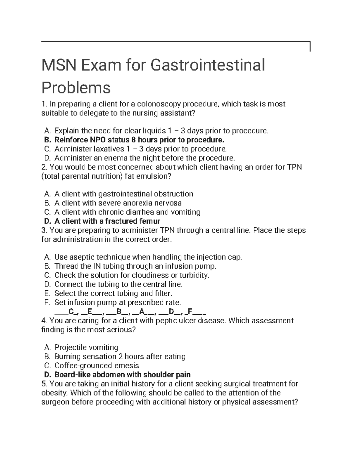 MSN Exam for Gastrointestinal 5 - MSN Exam for Gastrointestinal ...