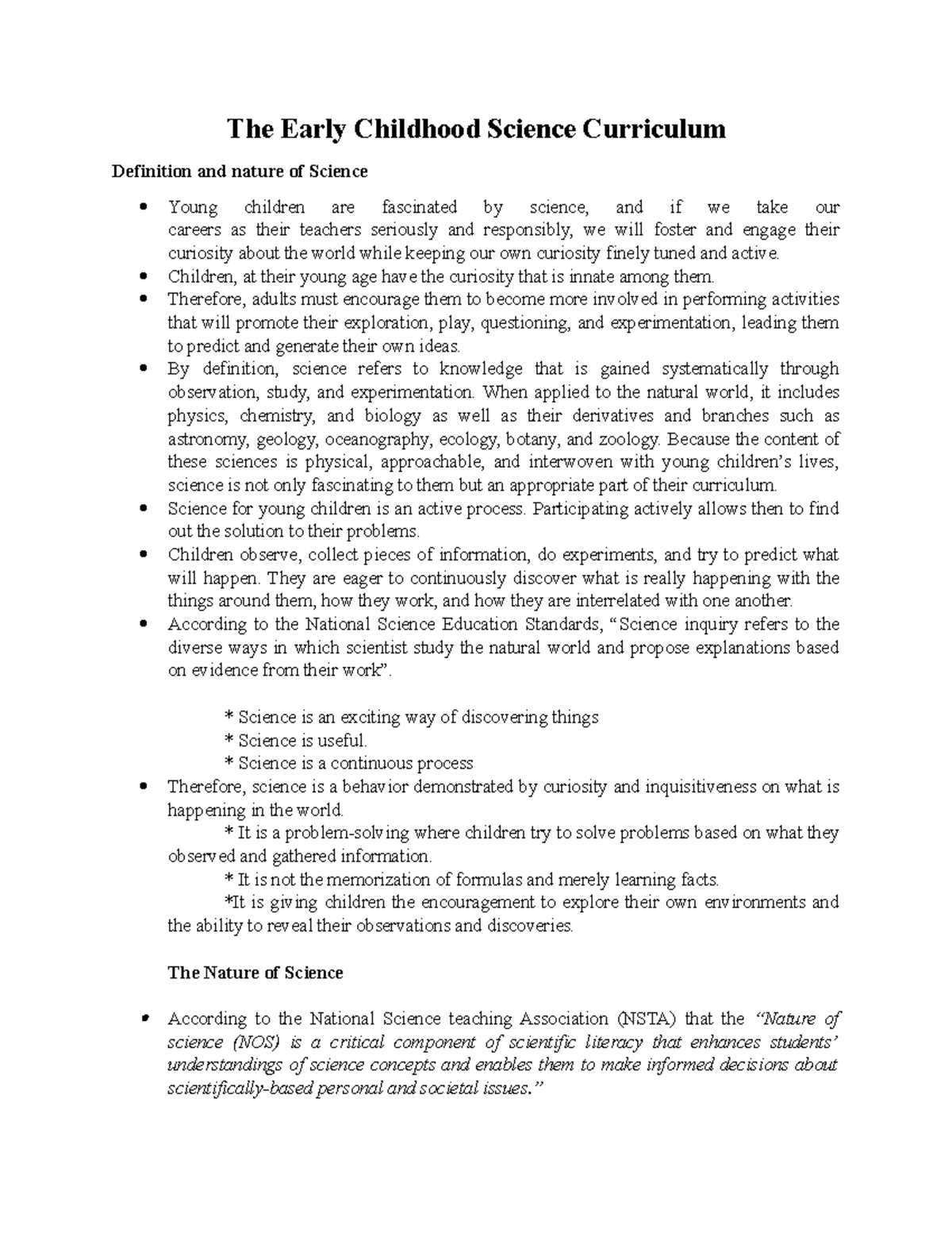 The Early Childhood Science Curriculum The Early Childhood Science