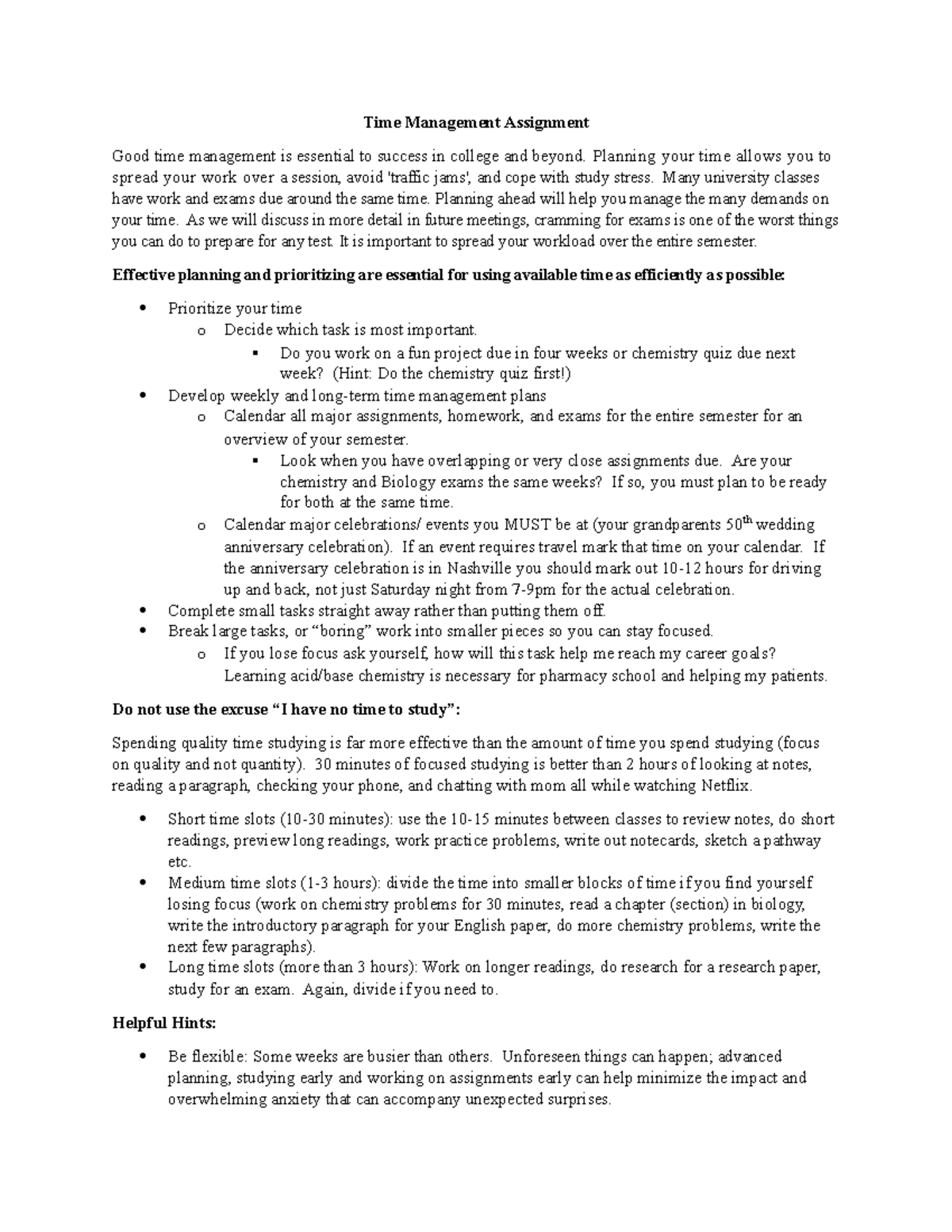 Time mangement Assignment - Time Management Assignment Good time ...