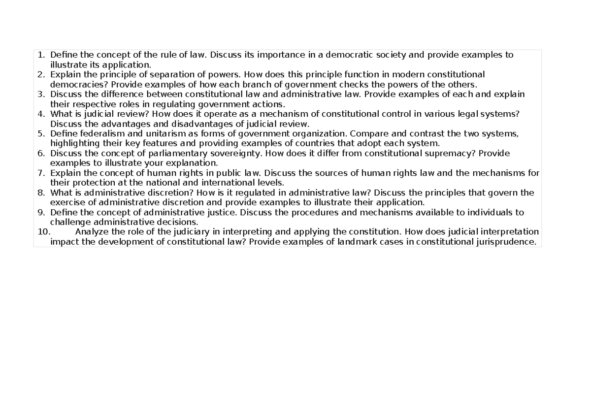 Publiclaw samenv - Define the concept of the rule of law. Discuss its ...