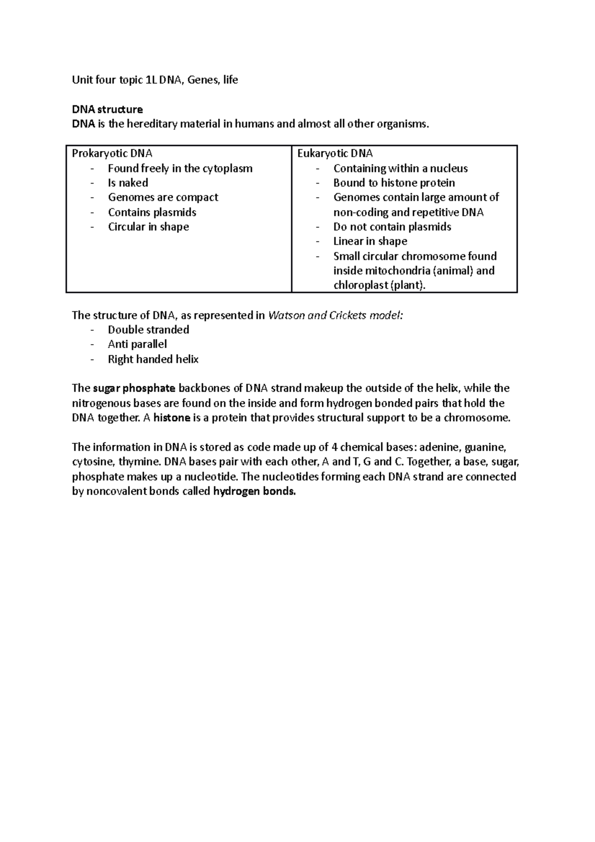 Unit four topic 1L DNA - Biology DNA work sheet - Unit four topic 1L ...