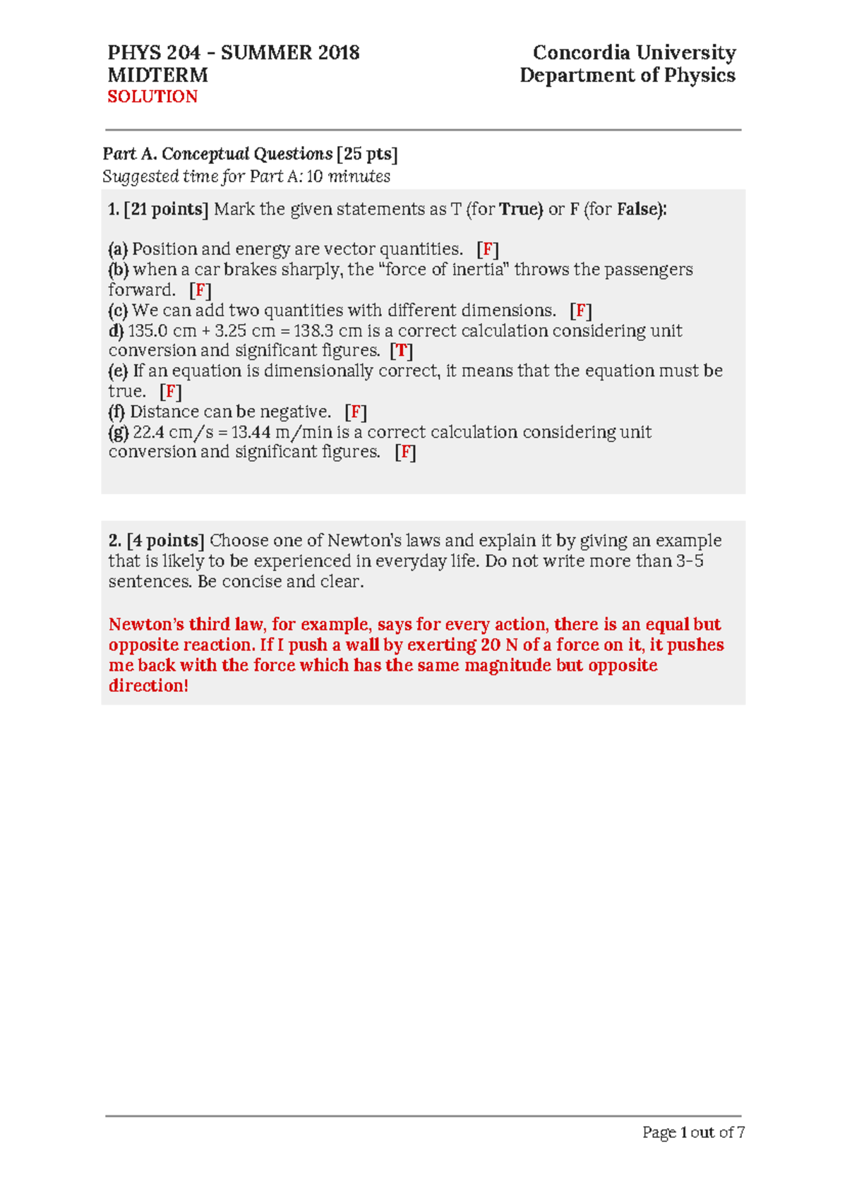 MIDTERM, questions and answers - PHYS 204 - SUMMER 2018 MIDTERM SOLUTION Concordia University ...