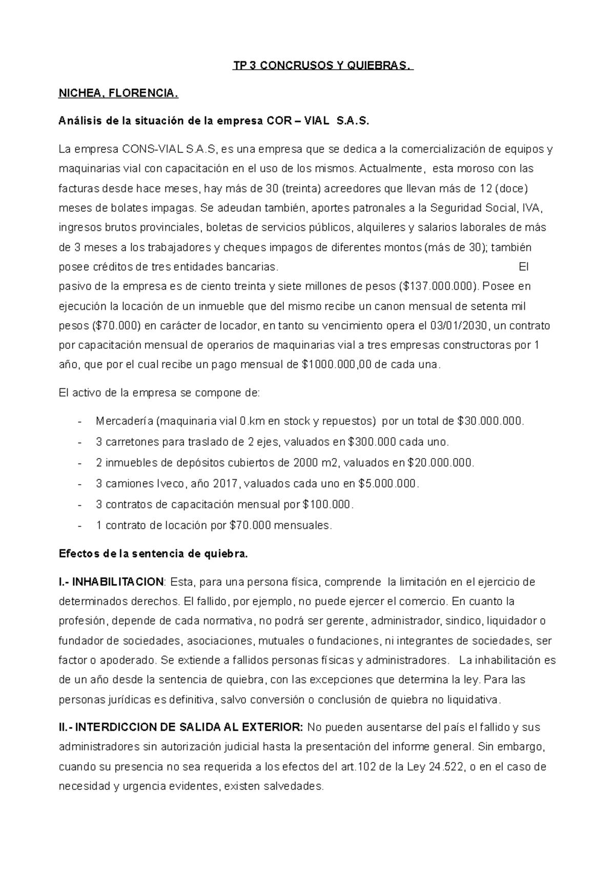 TP3 CYQ - bueno - TP 3 CONCRUSOS Y QUIEBRAS. NICHEA, FLORENCIA. Análisis de la situación de la ...