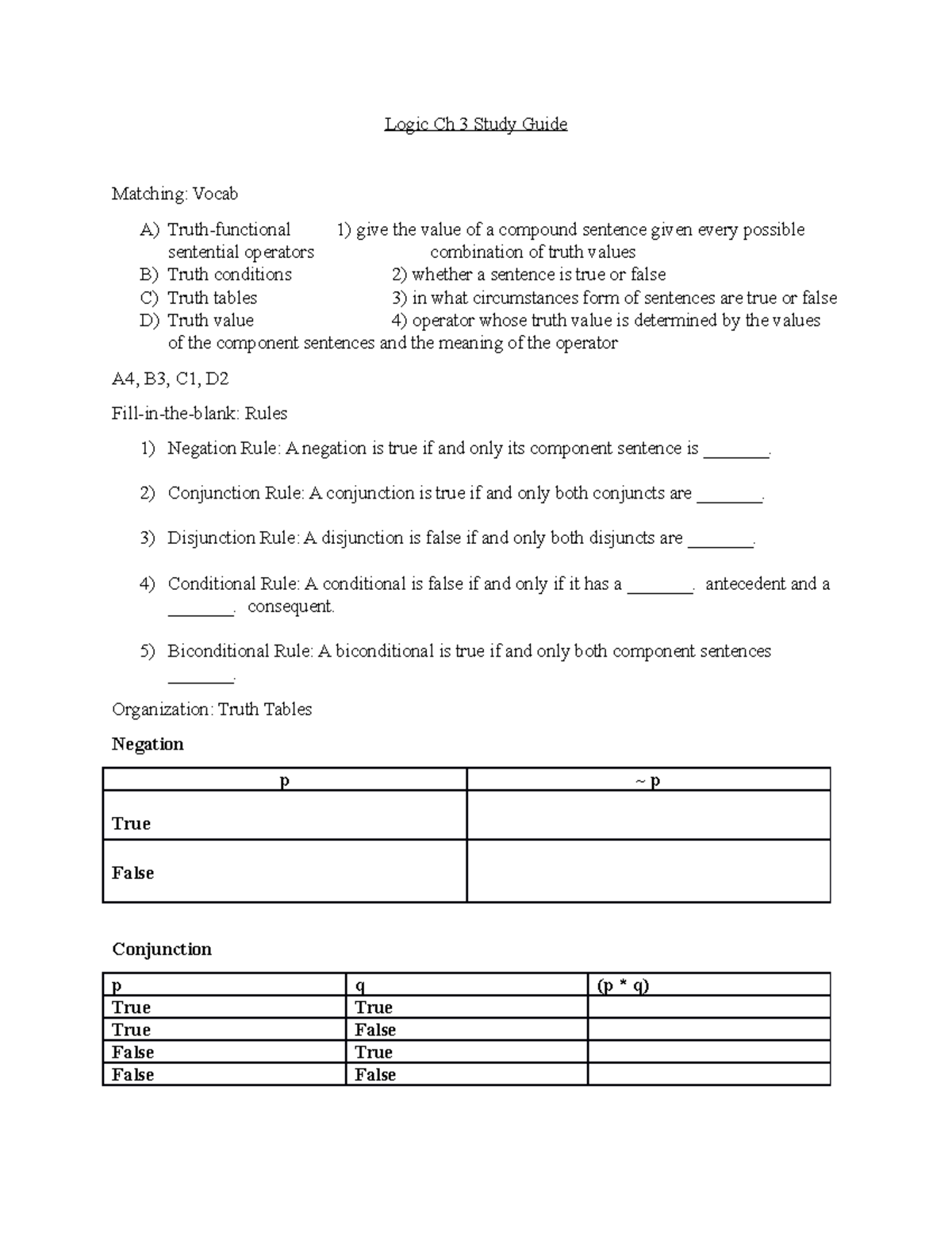 Truth Tables and Rules Study Guide - Logic Ch 3 Study Guide Matching ...