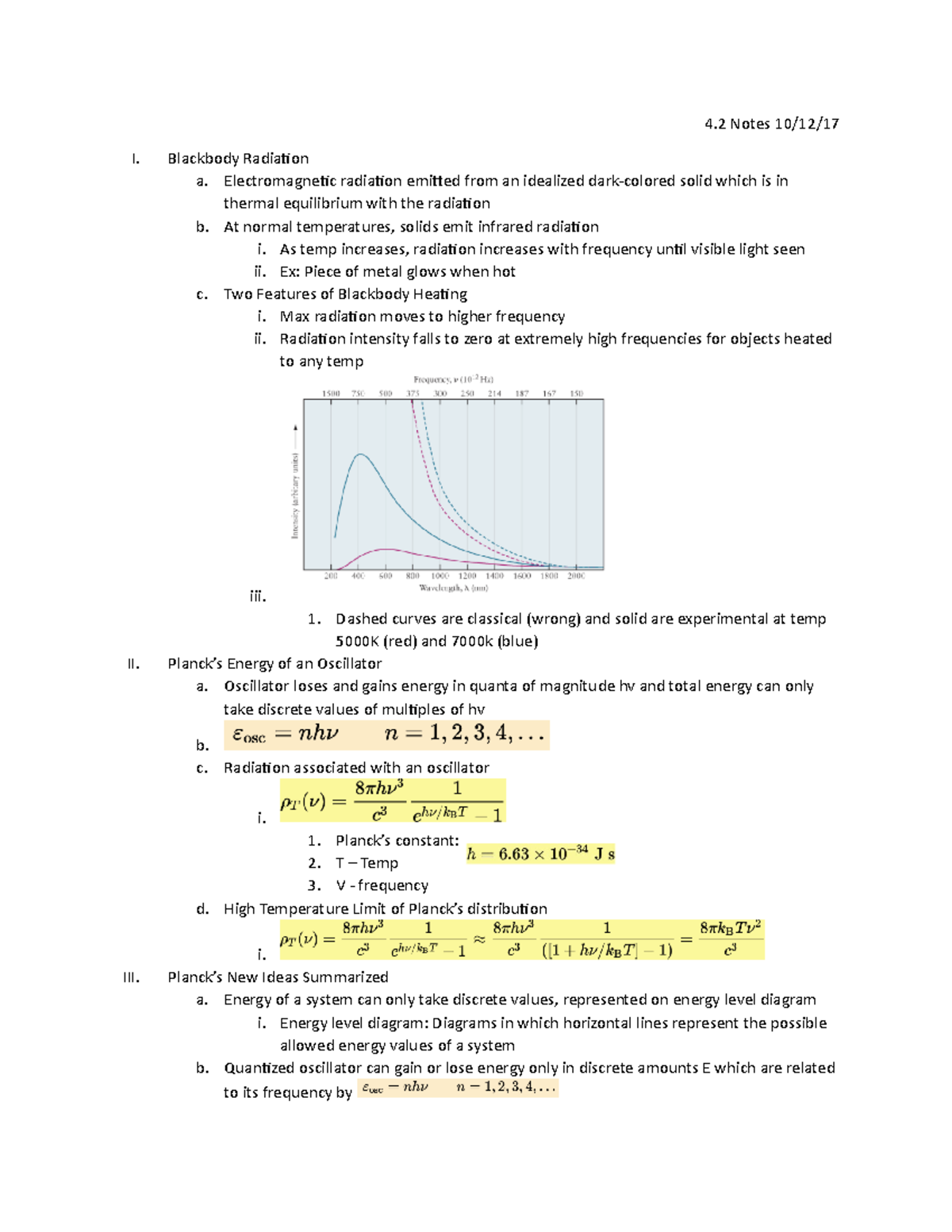 Chem Notes 4.0-4.3 - 4 Notes 10/12/17 I. Blackbody Radiation a ...