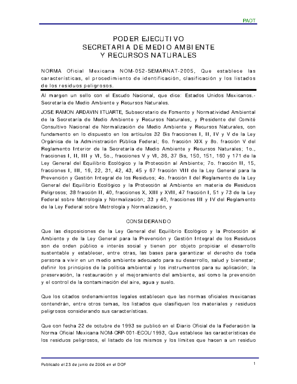 NOM 052 Semarnat 2005 Que establece las características, el procedimiento de identificación ...