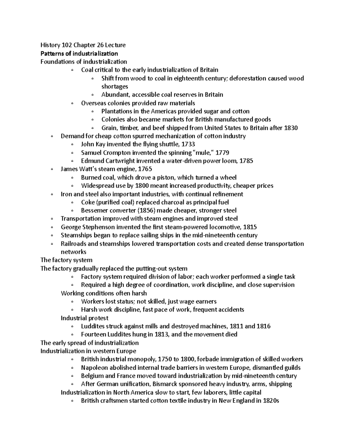 History 102 Chapter 26 Lecture - History 102 Chapter 26 Lecture Patterns of industrialization ...
