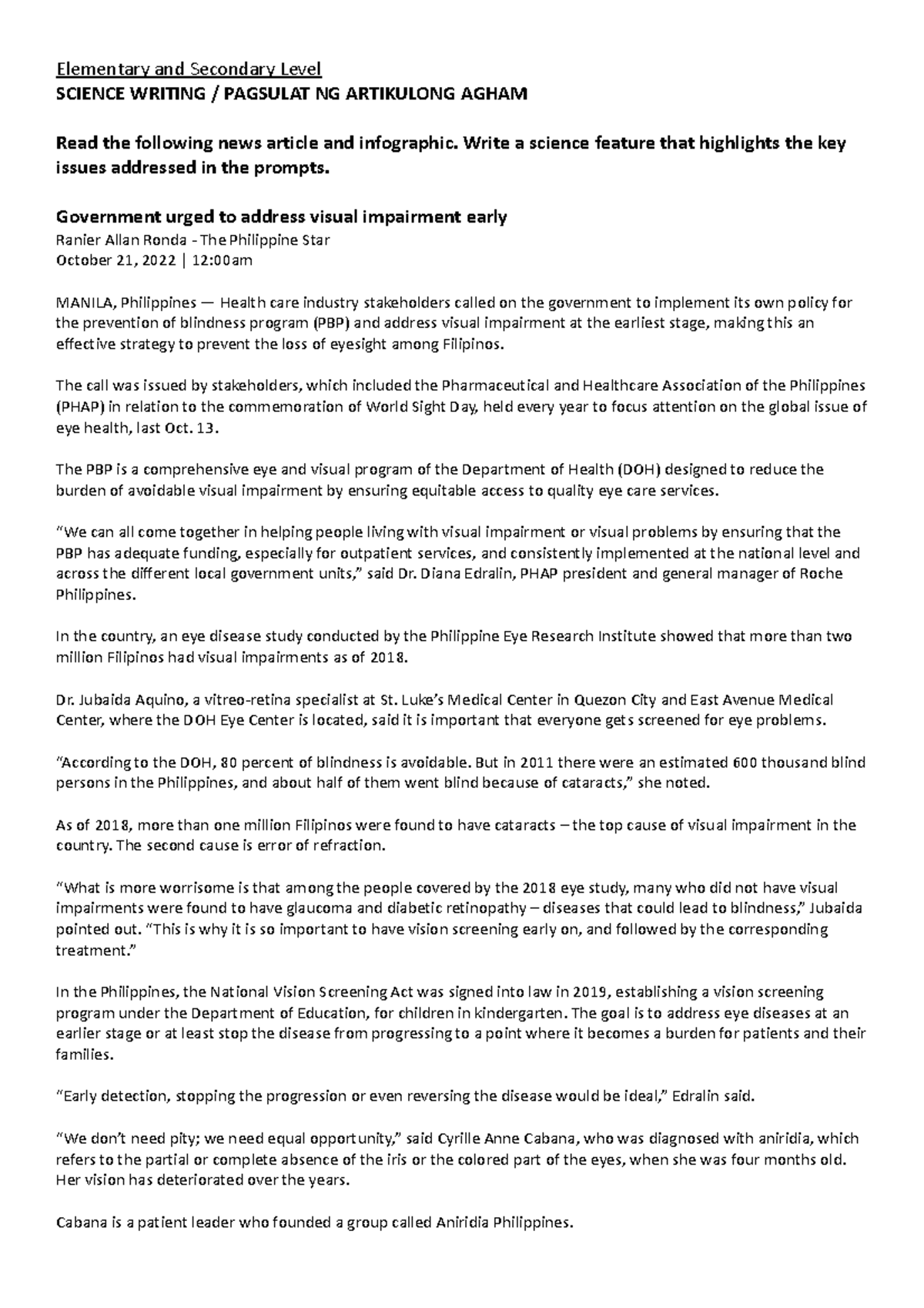 Science writing Eye Care - Elementary and Secondary Level SCIENCE ...