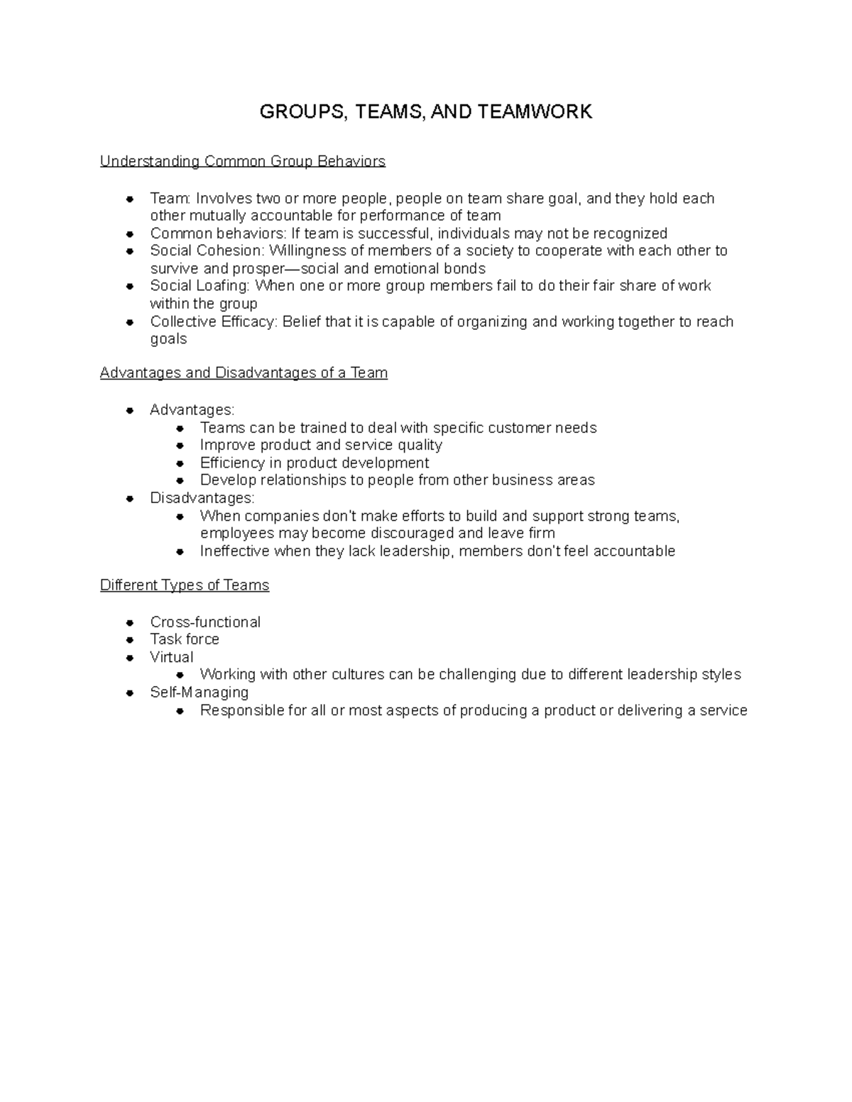 BUS 200 Notes Groups, Teams, and Teamwork Part 1 - GROUPS, TEAMS, AND ...