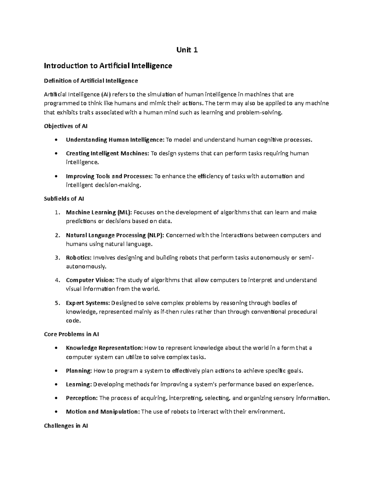 AI Unit - 1 - AI Unit - 1 - Unit 1 IntroducƟon to ArƟficial ...