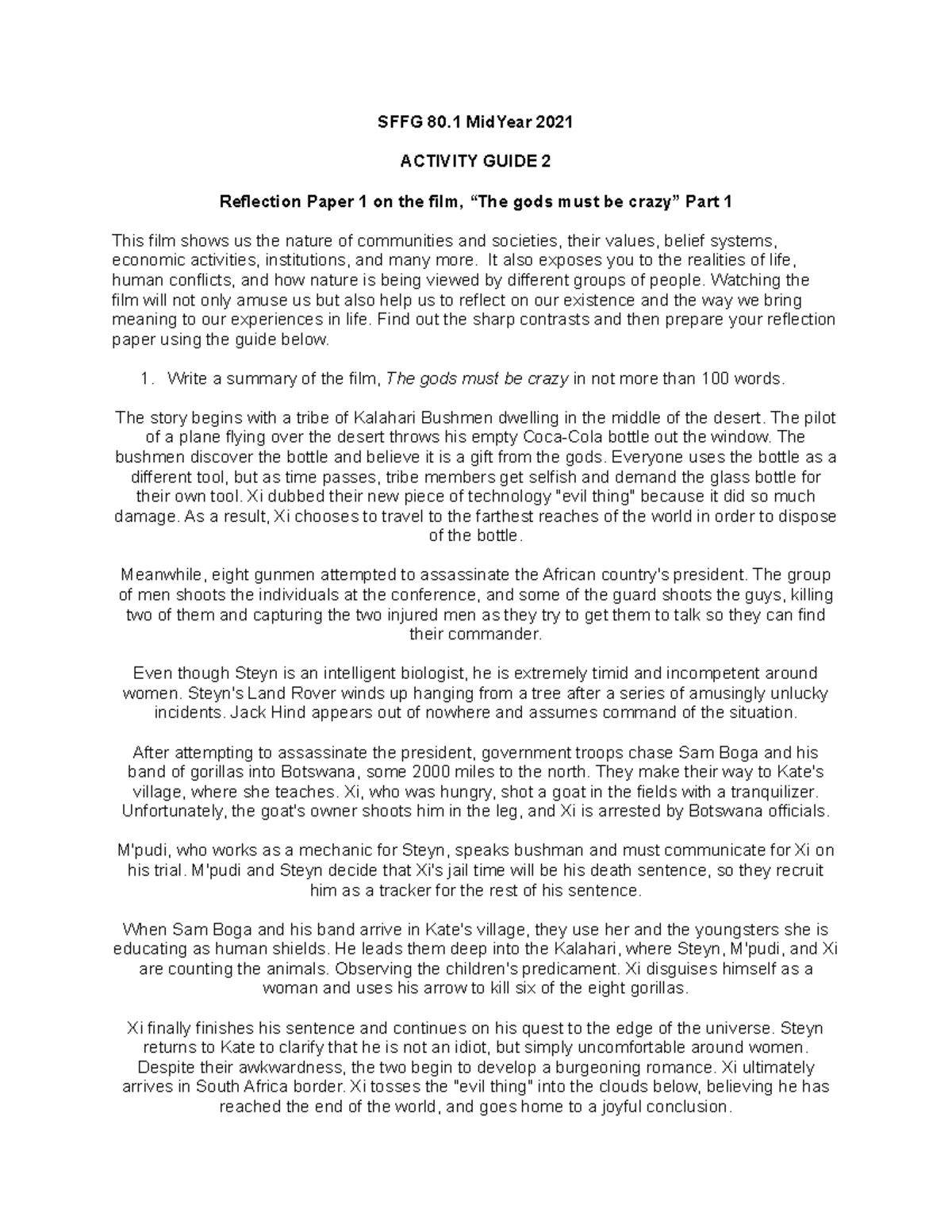 Activity Guide 2, Reflection Paper 1 - SFFG 80 MidYear 2021 ACTIVITY ...