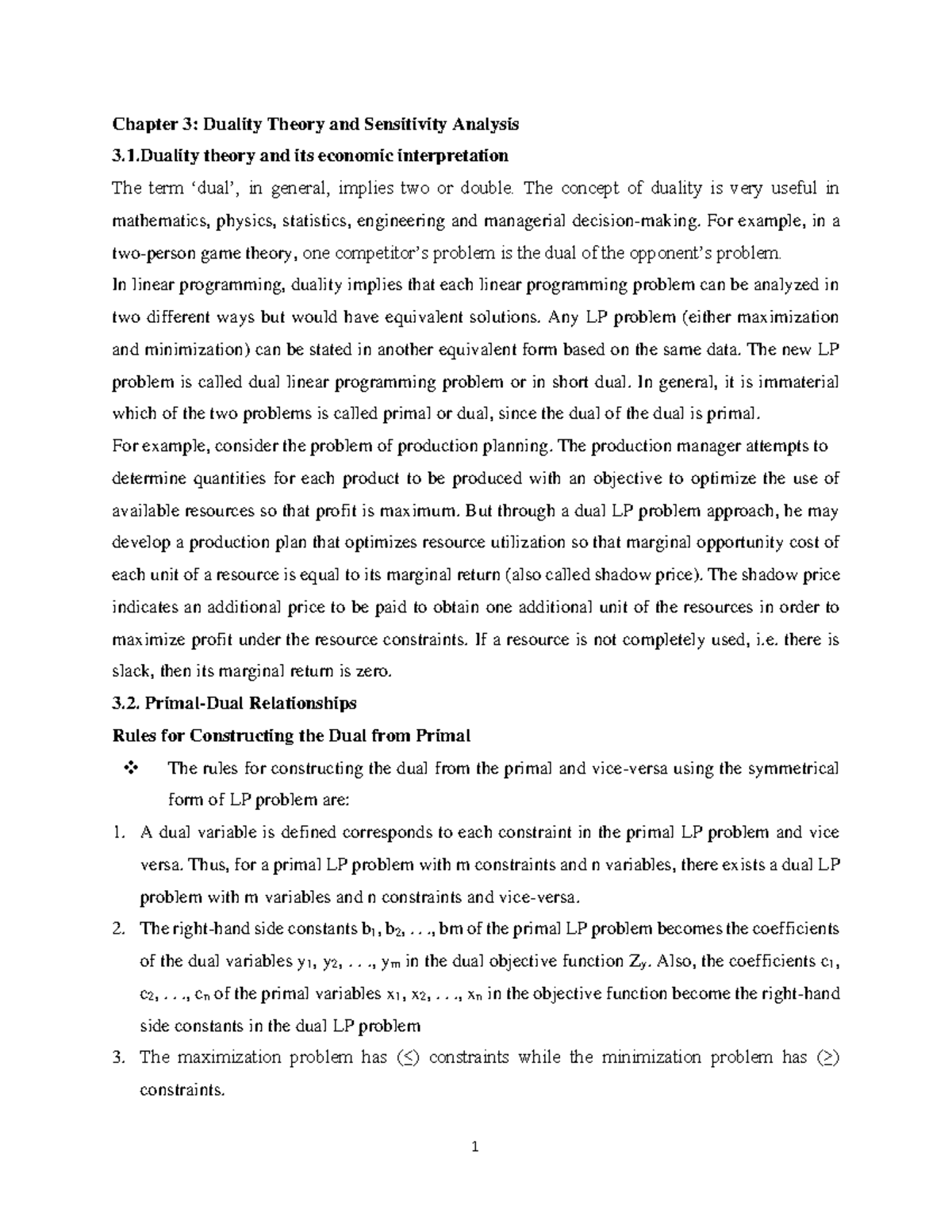 Operation Research - Chapter 3: Duality Theory and Sensitivity Analysis 3.1 theory and its ...