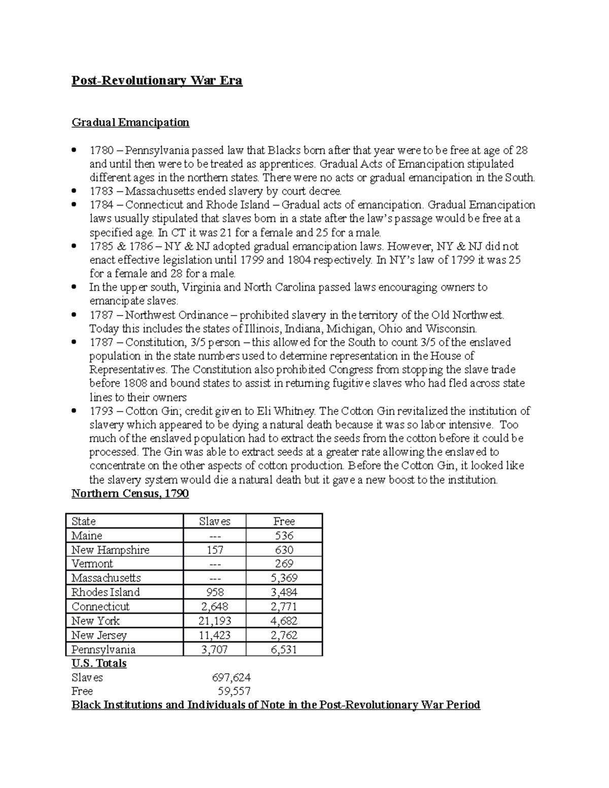 203 Post Revolutionary War Notes - Post-Revolutionary War Era Gradual ...
