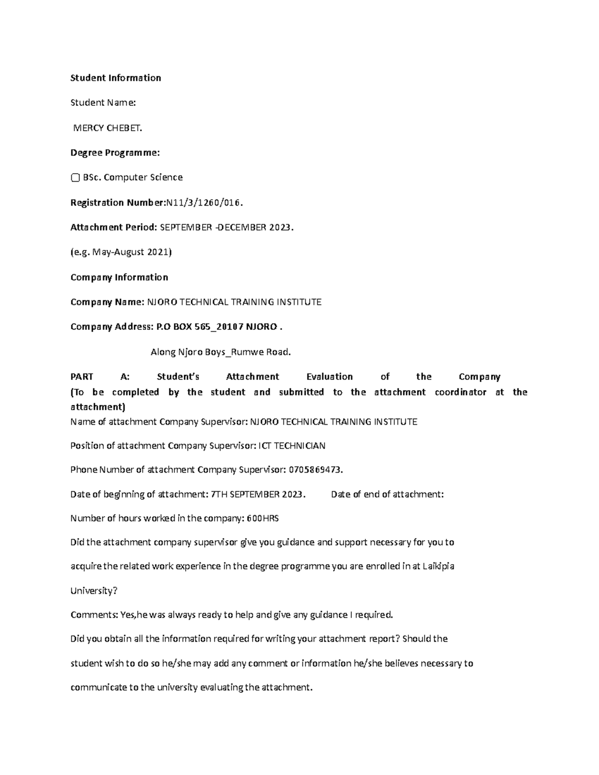 Daily and weekly attachment report-1 - Student Information Student Name ...