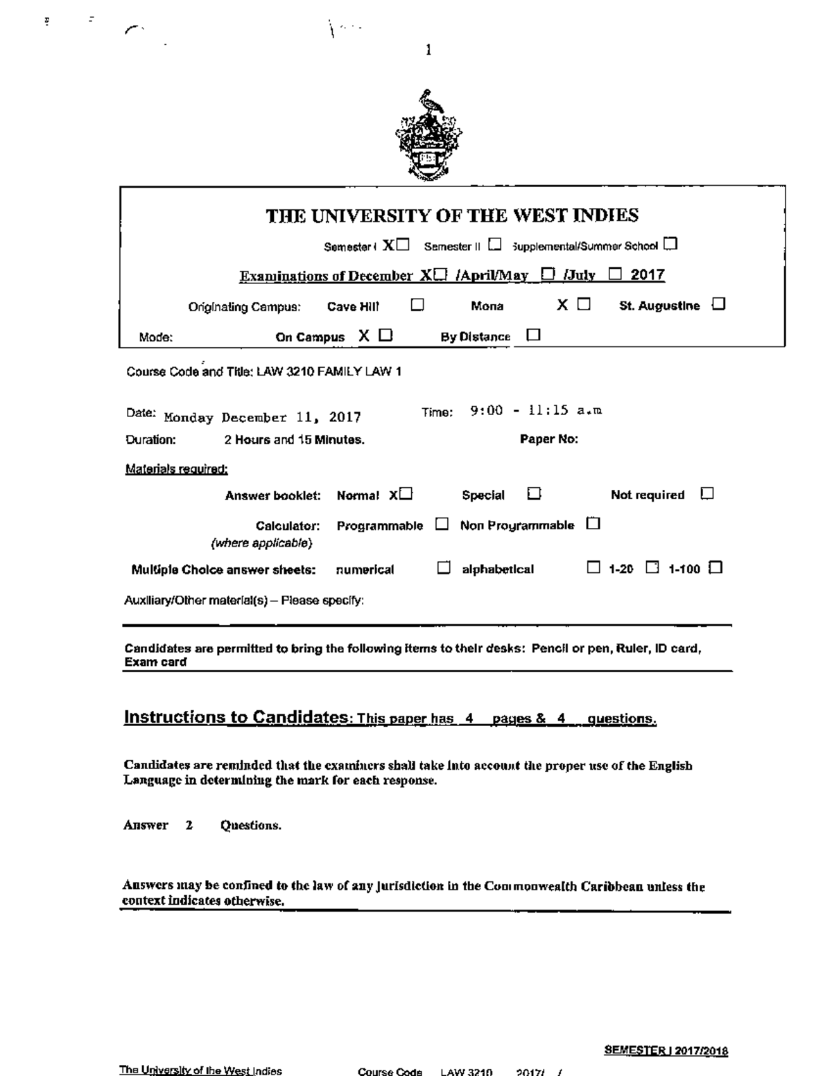 LAW3210 11122017 - Past paper - i THE UNIVERSITY OF THE WEST INDIES ...