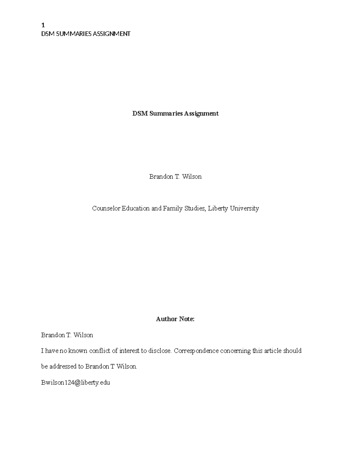 Dsm Summaries Assignment Dsm Summaries Assignment Dsm Summaries Assignment Brandon T Wilson