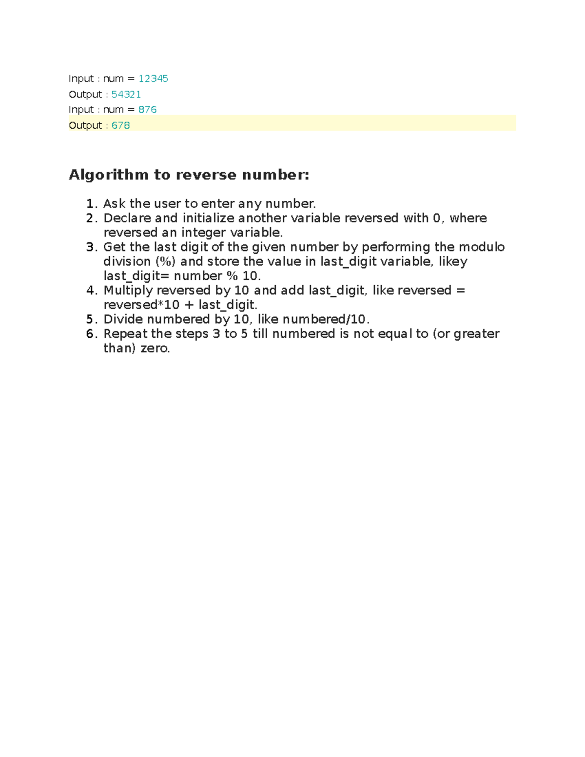 Ds Algorithm To Reverse Number Input Num 12345 Output 54321