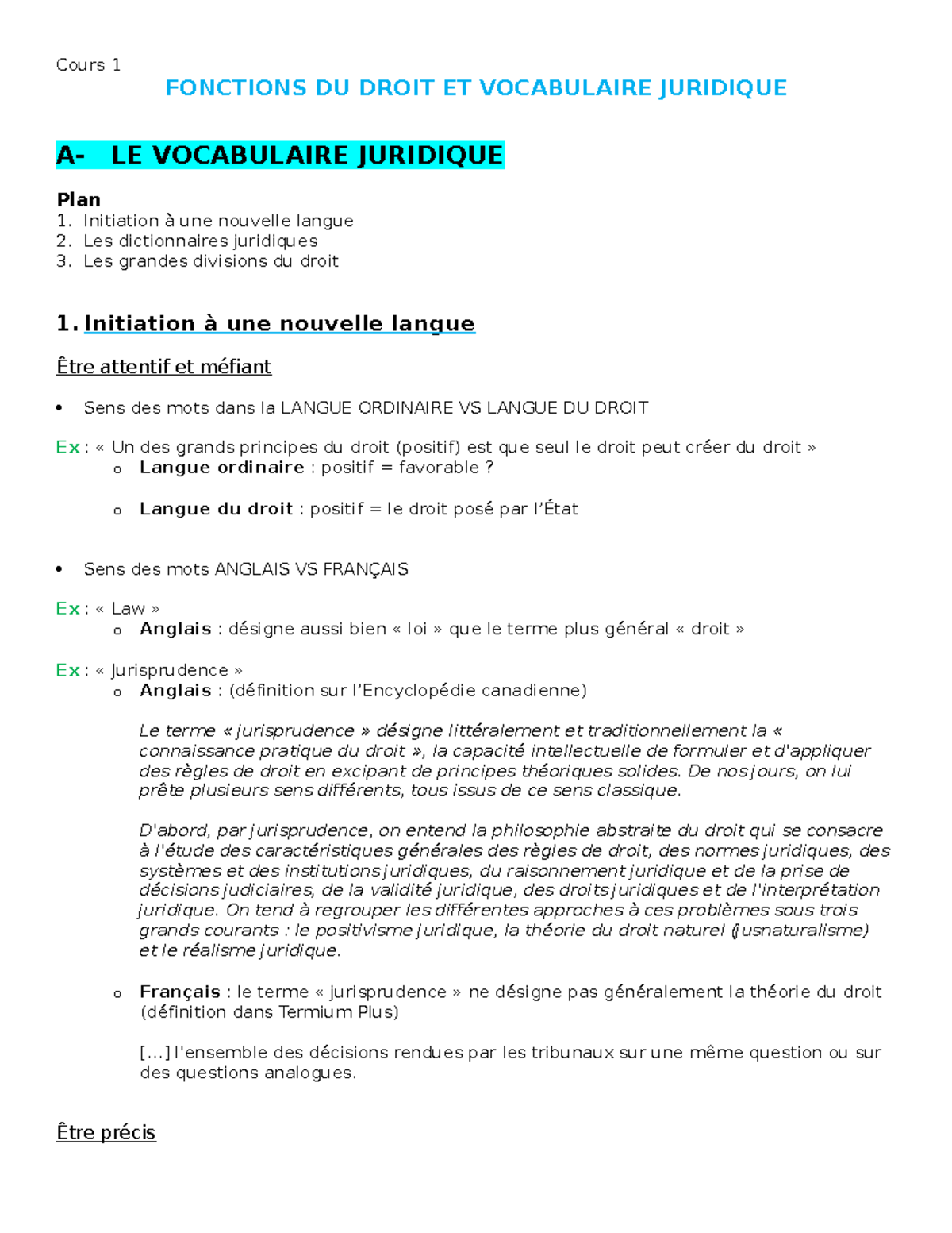 1- Fonctions du droit et vocabulaire juridique - FONCTIONS DU DROIT ET VOCABULAIRE JURIDIQUE A ...