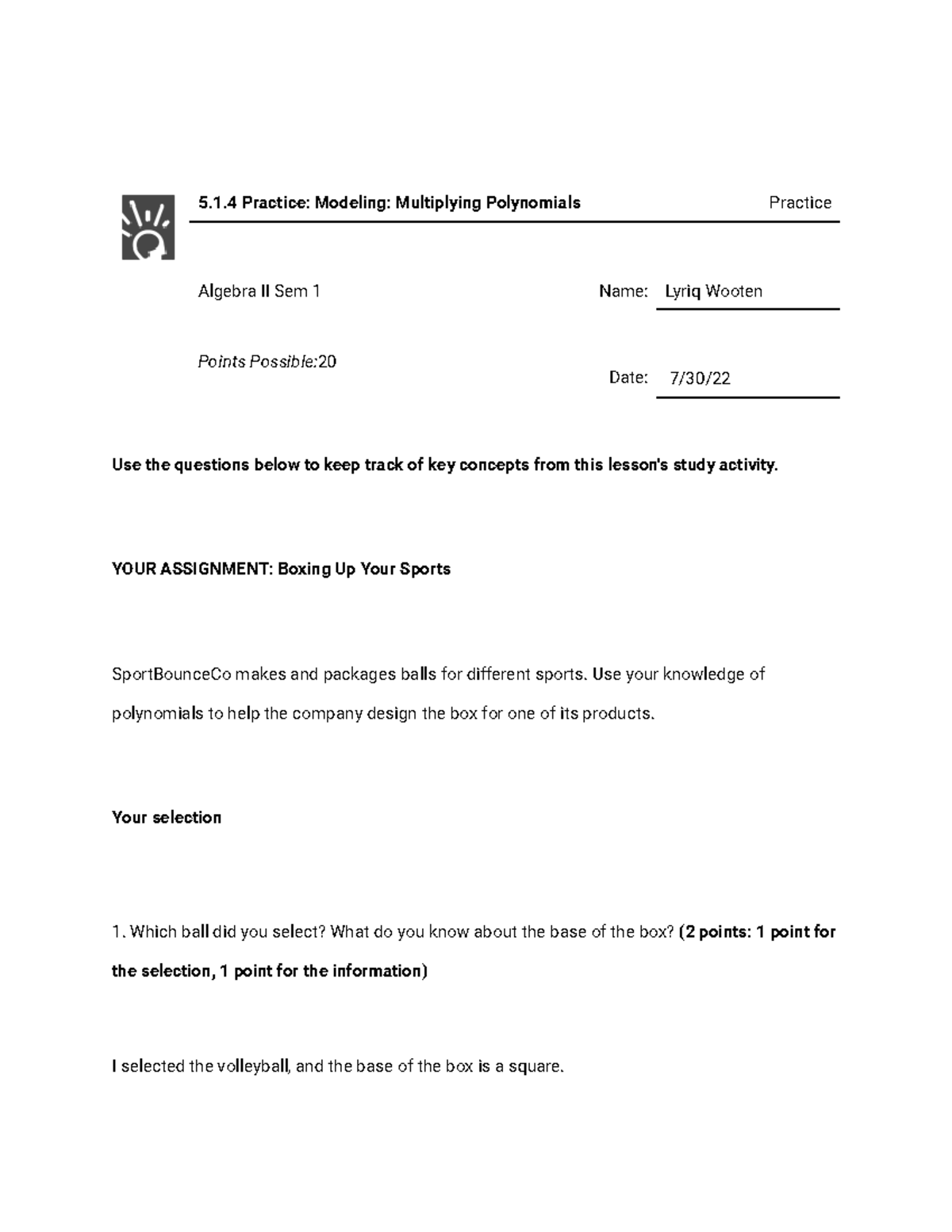Pdfcoffee - Answers - 5.1 Practice: Modeling: Multiplying Polynomials ...