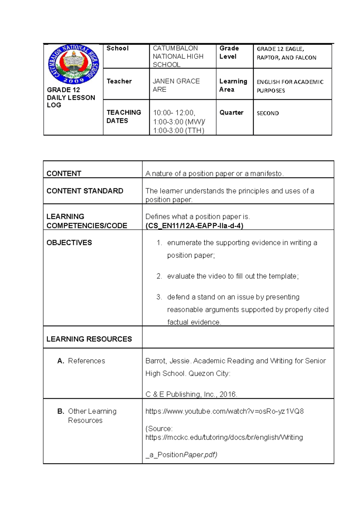 Grade 12 Lesson 2 - GRADE 12 DAILY LESSON LOG School CATUMBALON ...