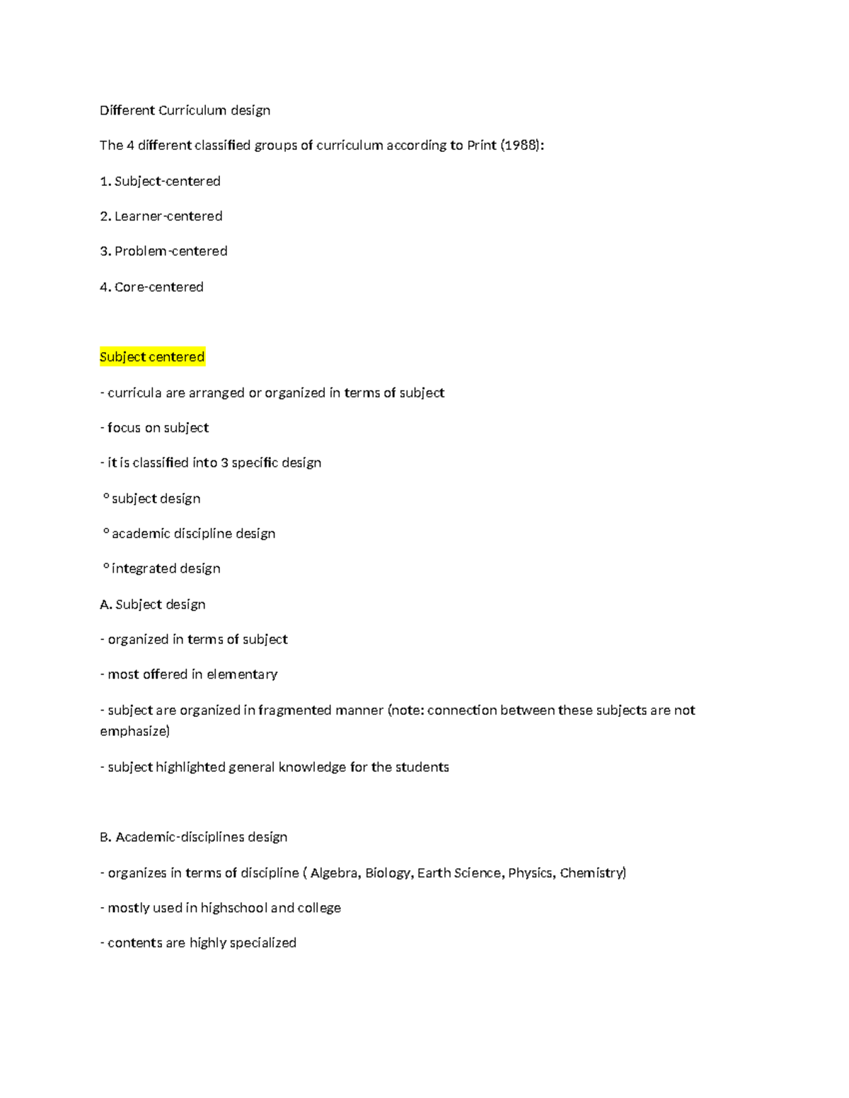Subject-centered learning - Different Curriculum design The 4 different ...