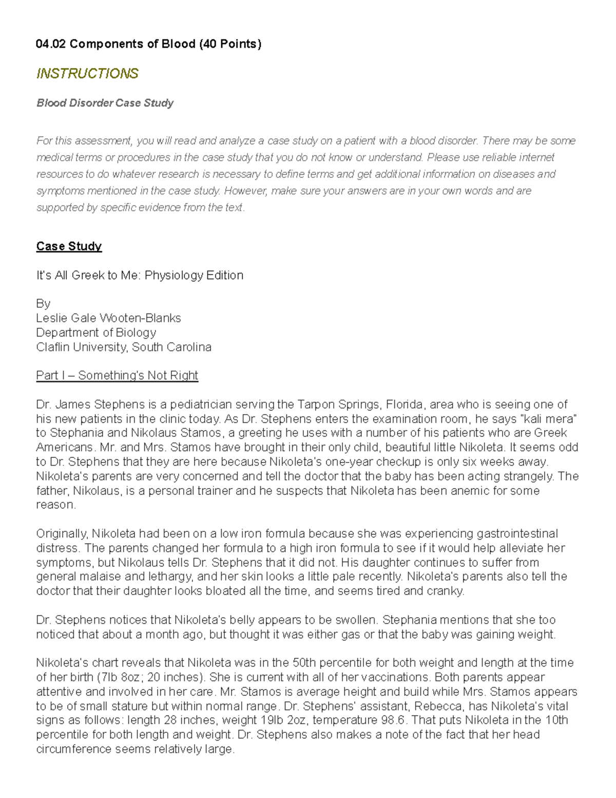 4.02 - Anatomy - 04 Components of Blood (40 Points) INSTRUCTIONS Blood ...