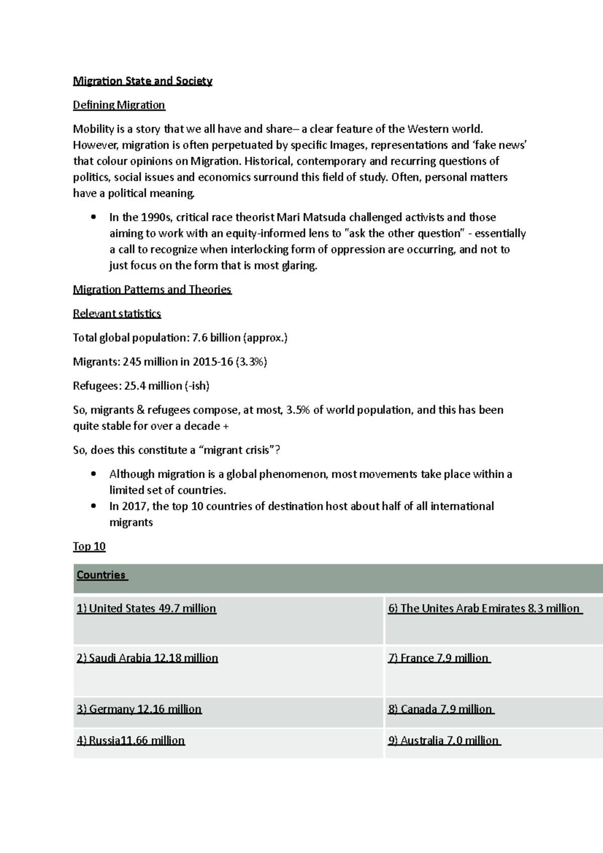 Migration Notes - Migration State and Society Defining Migration ...