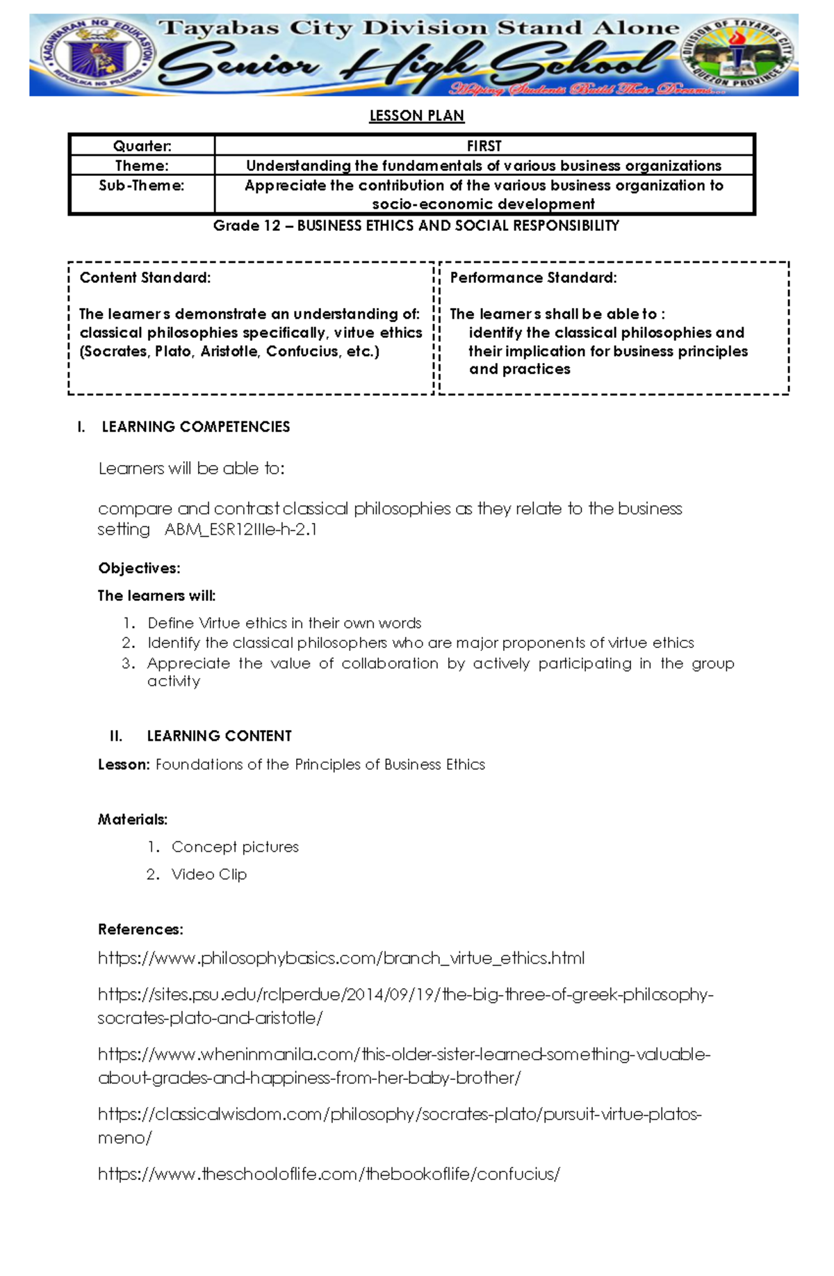 Business Ethics - LESSON PLAN Grade 12 – BUSINESS ETHICS AND SOCIAL ...