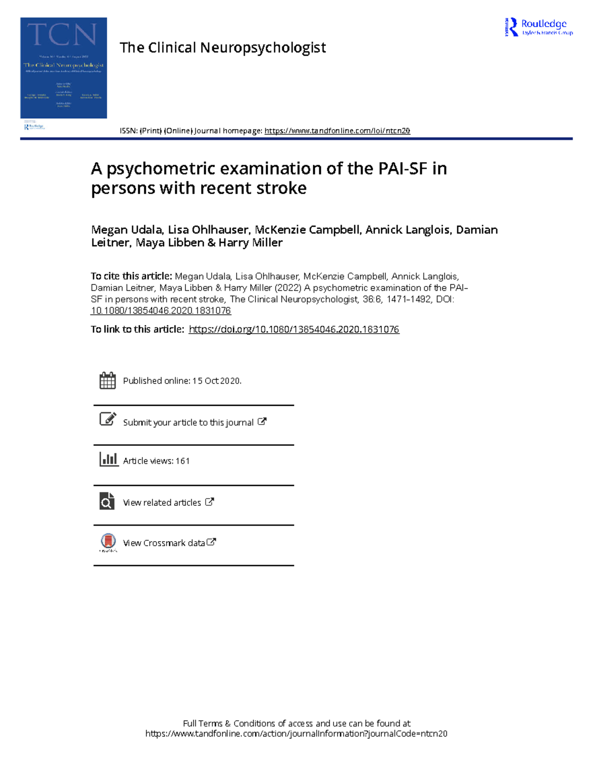 A psychometric examination of the PAI SF in persons with recent stroke ...
