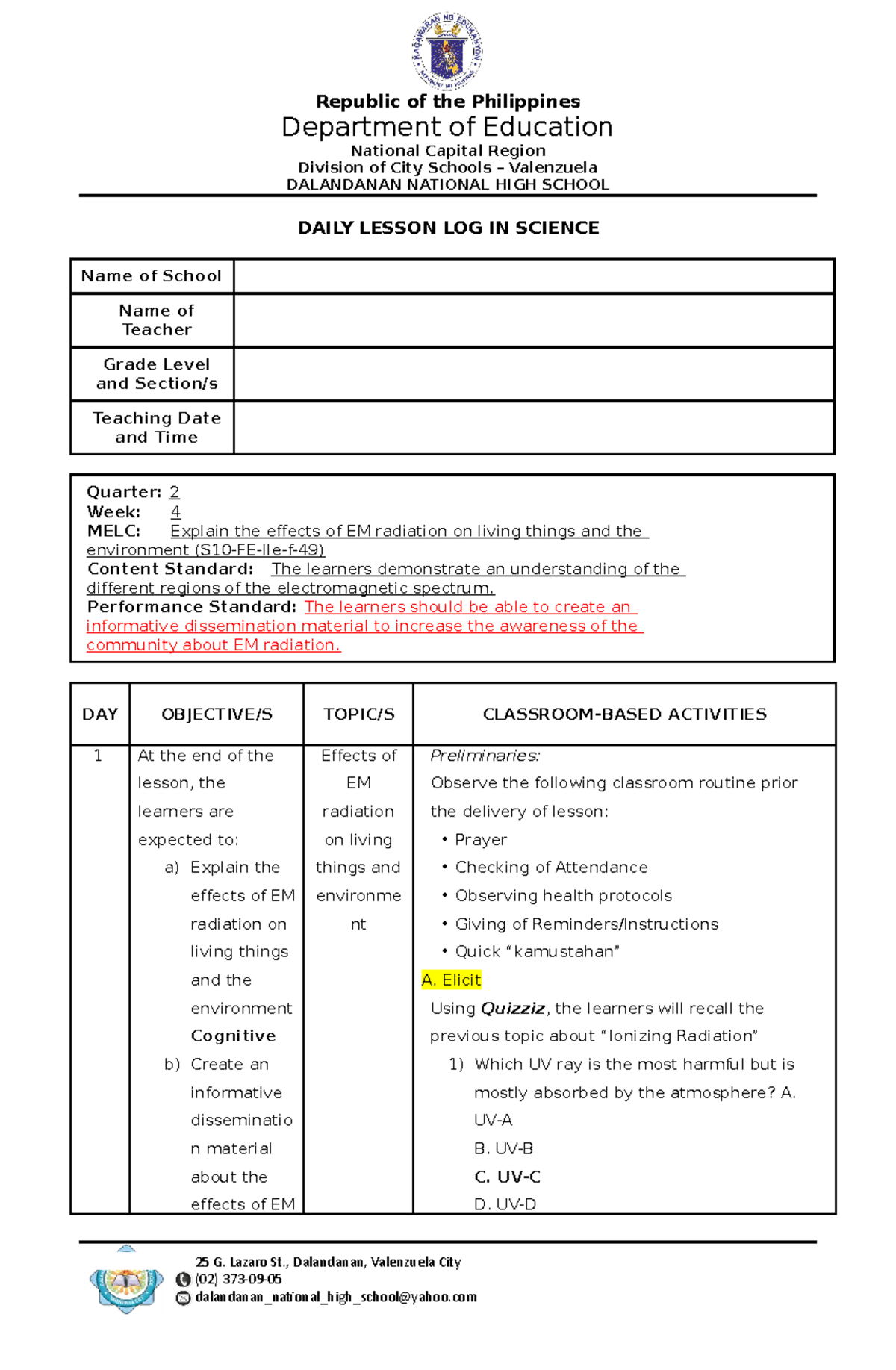 Daily- Lesson-LOG-IN- Science Template - Department of Education ...