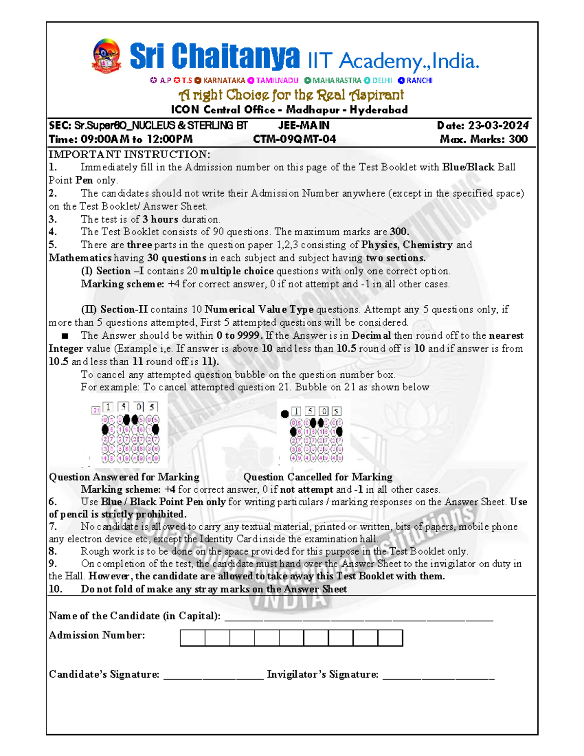 Sr.Super 60 Nucleus BT Jee-Main CTM-09(QMT-04) Q - Sri Chaitanya IIT ...