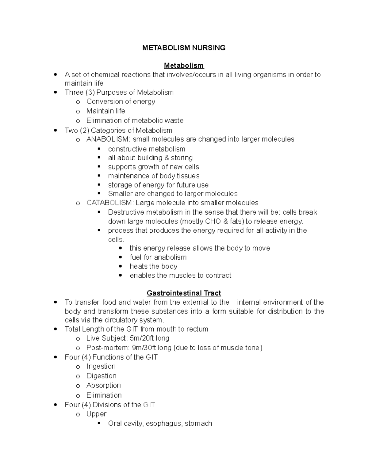 Introduction (PART I): Metabolism - METABOLISM NURSING Metabolism A set ...