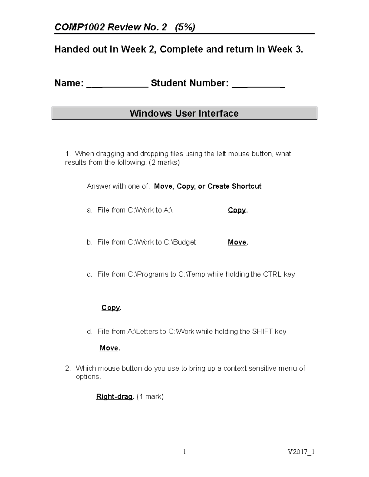 Review Assignment 2 - Comp1002 - Handed out in Week 2, Complete and return in Week 3. Name ...