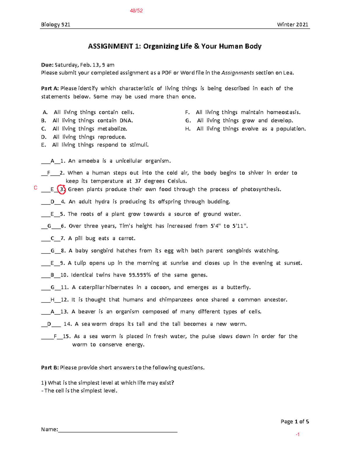 Assignment 1 -Organizing life and your human body - Page 1 of 5 ...