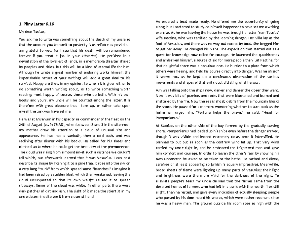 Pliny on Vesuvius - 1. Pliny Letter 6. My dear Tacitus, You ask me to ...