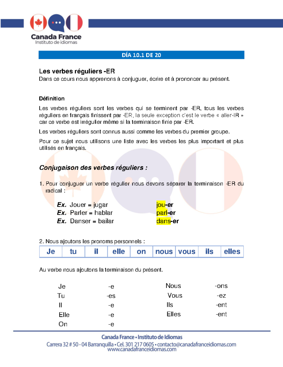 DIA 101 - Ejercicios - LES Verbes Réguliers - DÍA 10 DE 20 Les verbes ...