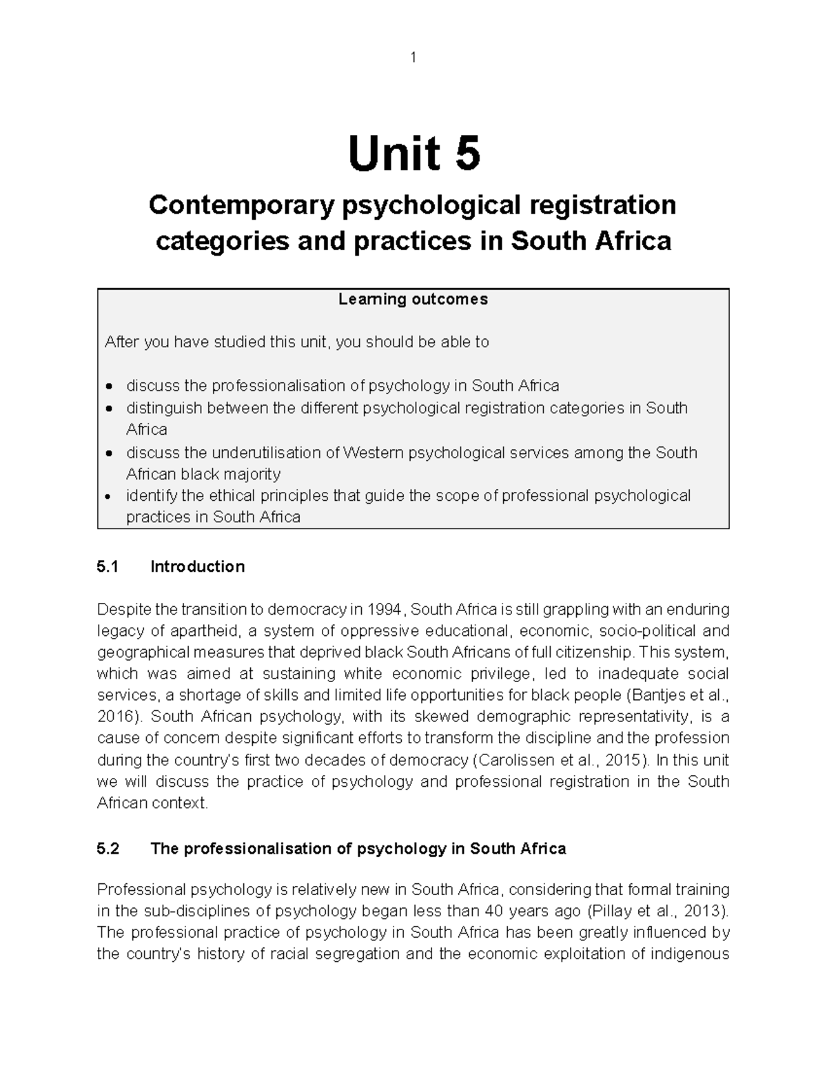 PYC1511 Unit 005 - Unit 5 Contemporary psychological registration ...