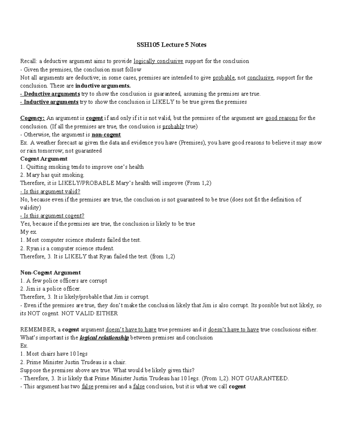 Lecture 5 Ssh105 Notes Ssh105 Lecture 5 Notes Recall A Deductive Argument Aims To Provide