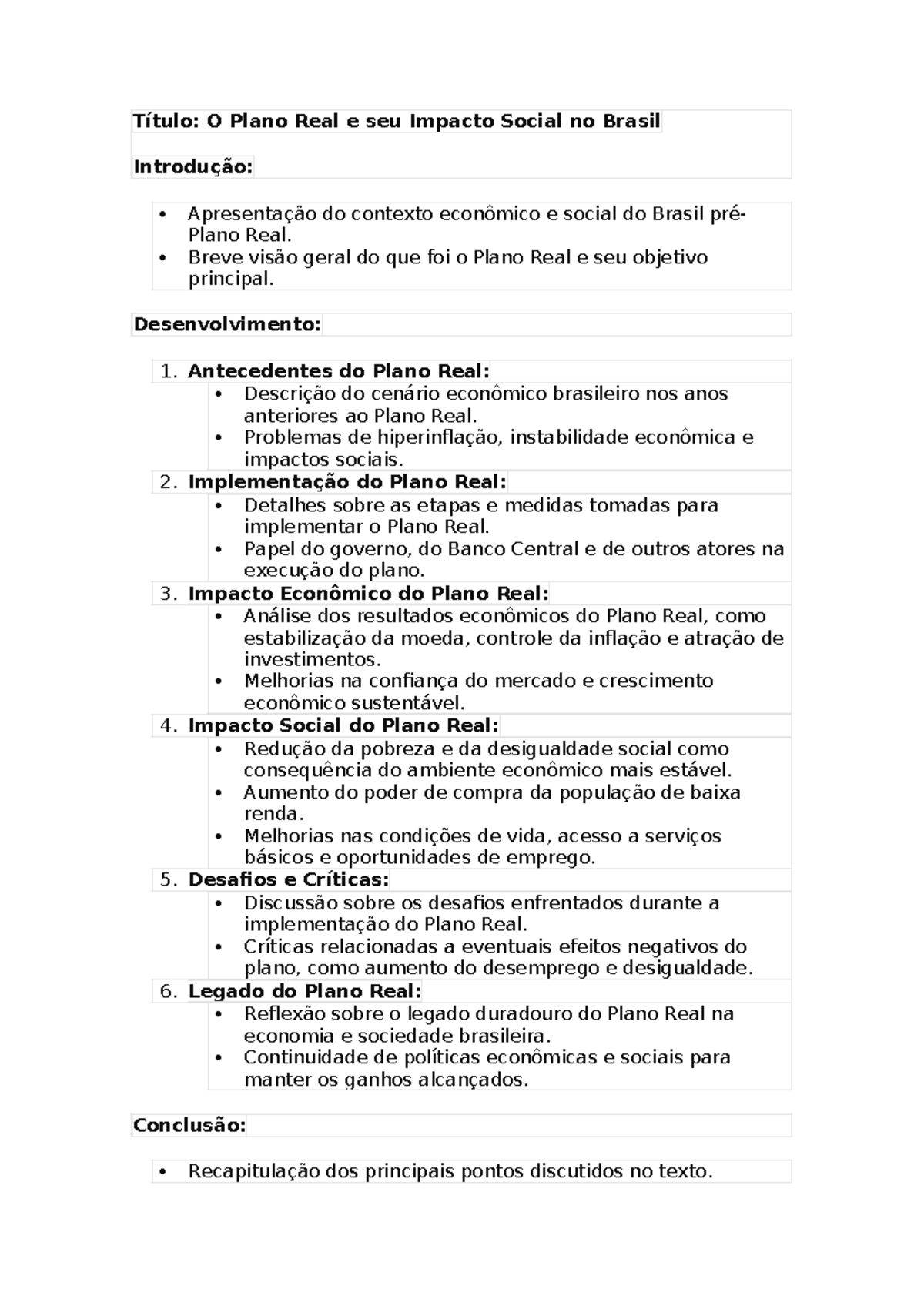 Esboço - O Plano Real e seu Impacto Social no Brasil - Título: O Plano ...