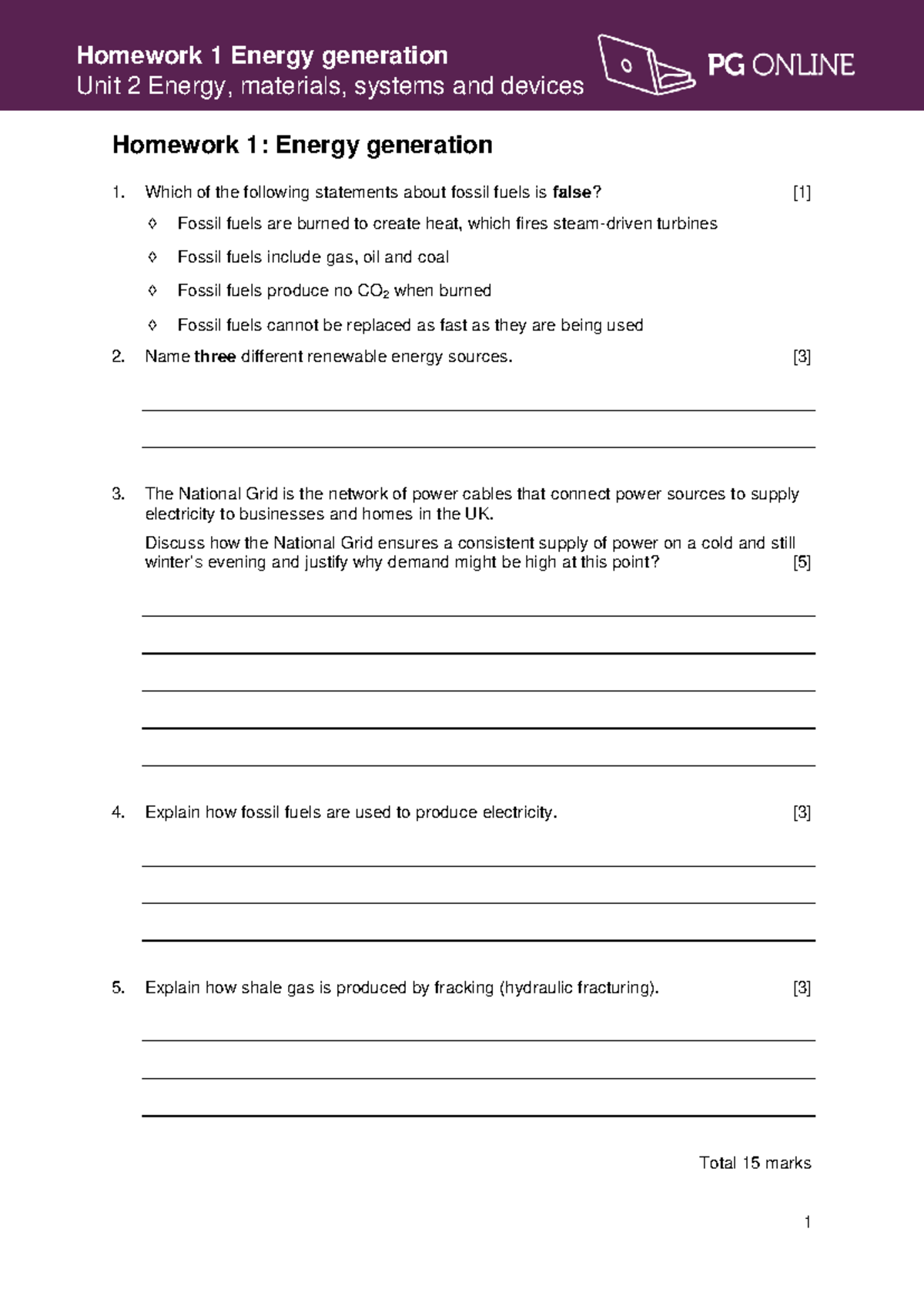 Energy generation Unit 2 Homework 1 - 1 Homework 1 Energy generation ...