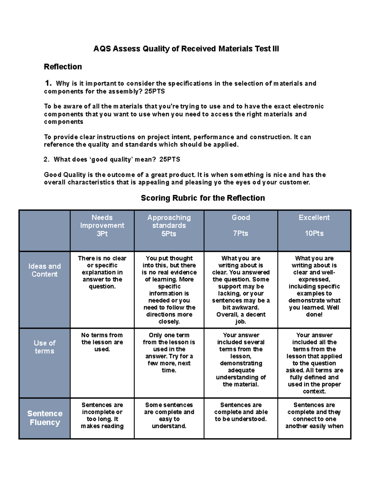 AQS Assess Quality of Received Materials Test III - AQS Assess Quality ...