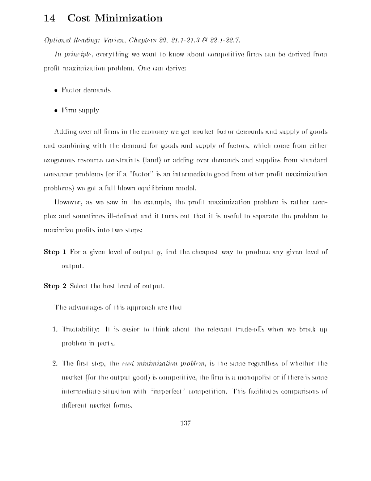 Cost Minimization in Microeconomics - 14 Cost Minimization Optional Reading: Varian, Chapters 20 ...