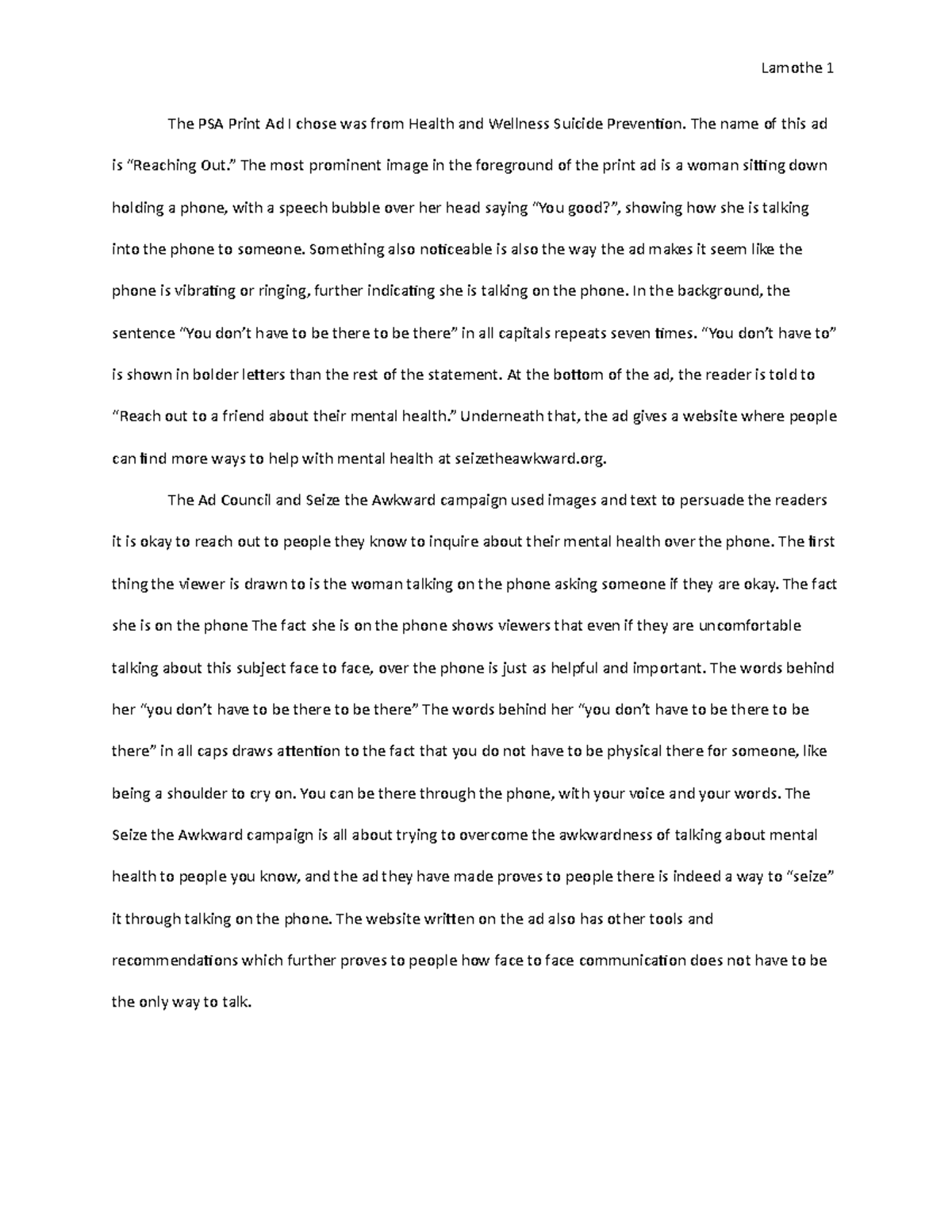 Description and Rhetorical Analysis of Psa Print Ad - Lamothe 1 The PSA ...